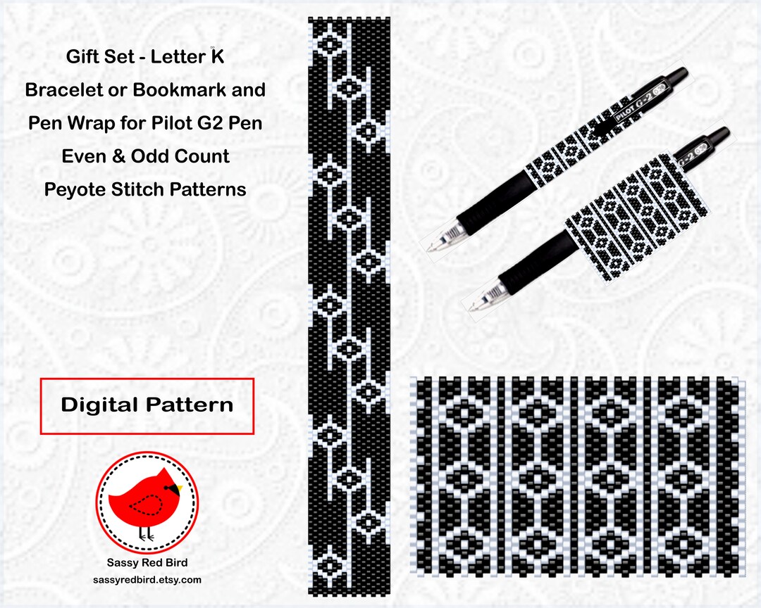 Letter K Gift Set, Peyote Bead Bracelet Pattern, DIY Bookmark, Peyote ...