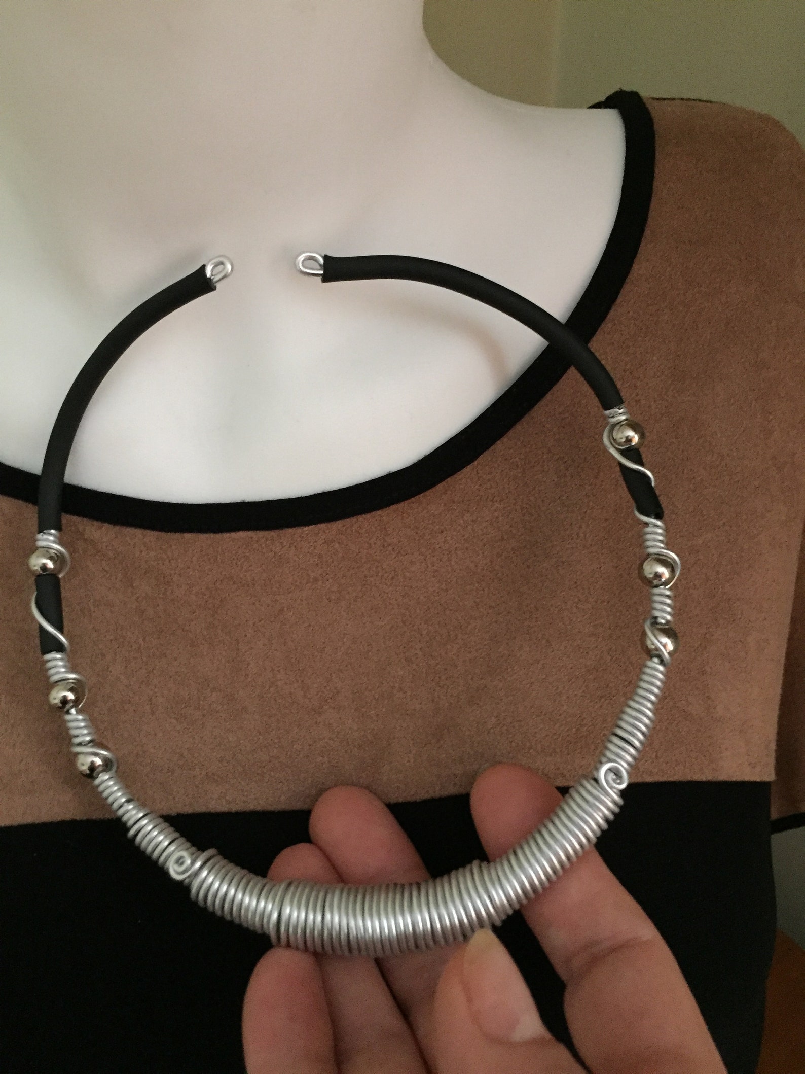 Statement Aluminium Necklace With Black Tube. Modern Necklace. Spiral ...