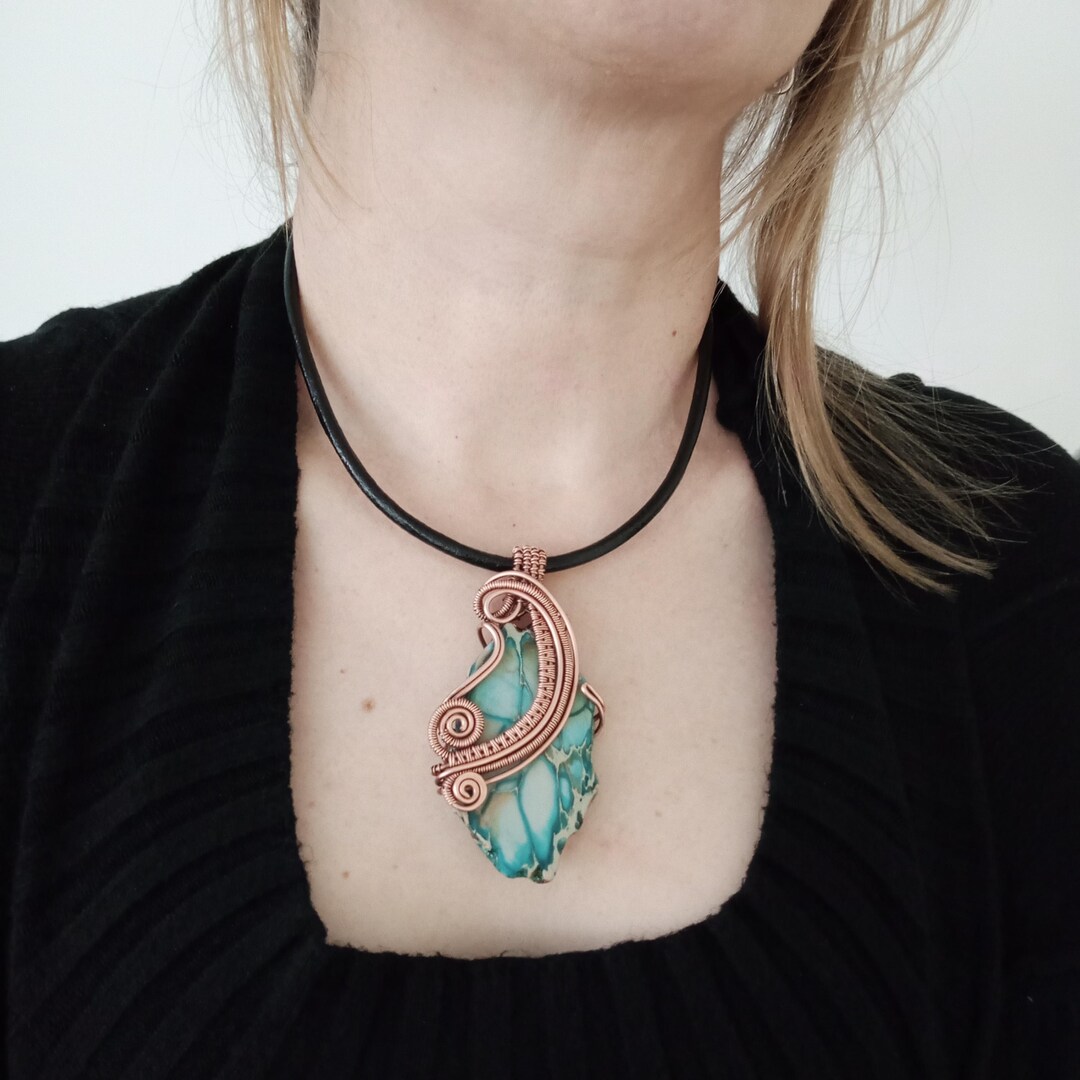 Green Howlite Statement Necklace – Copper Wire Wrapped Pendant ...