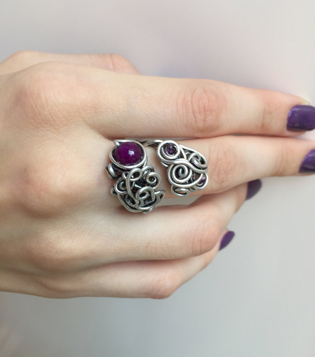 Magenta Colour-lilac Handmade Ring. Silver Colour Wire. Swarovski ...