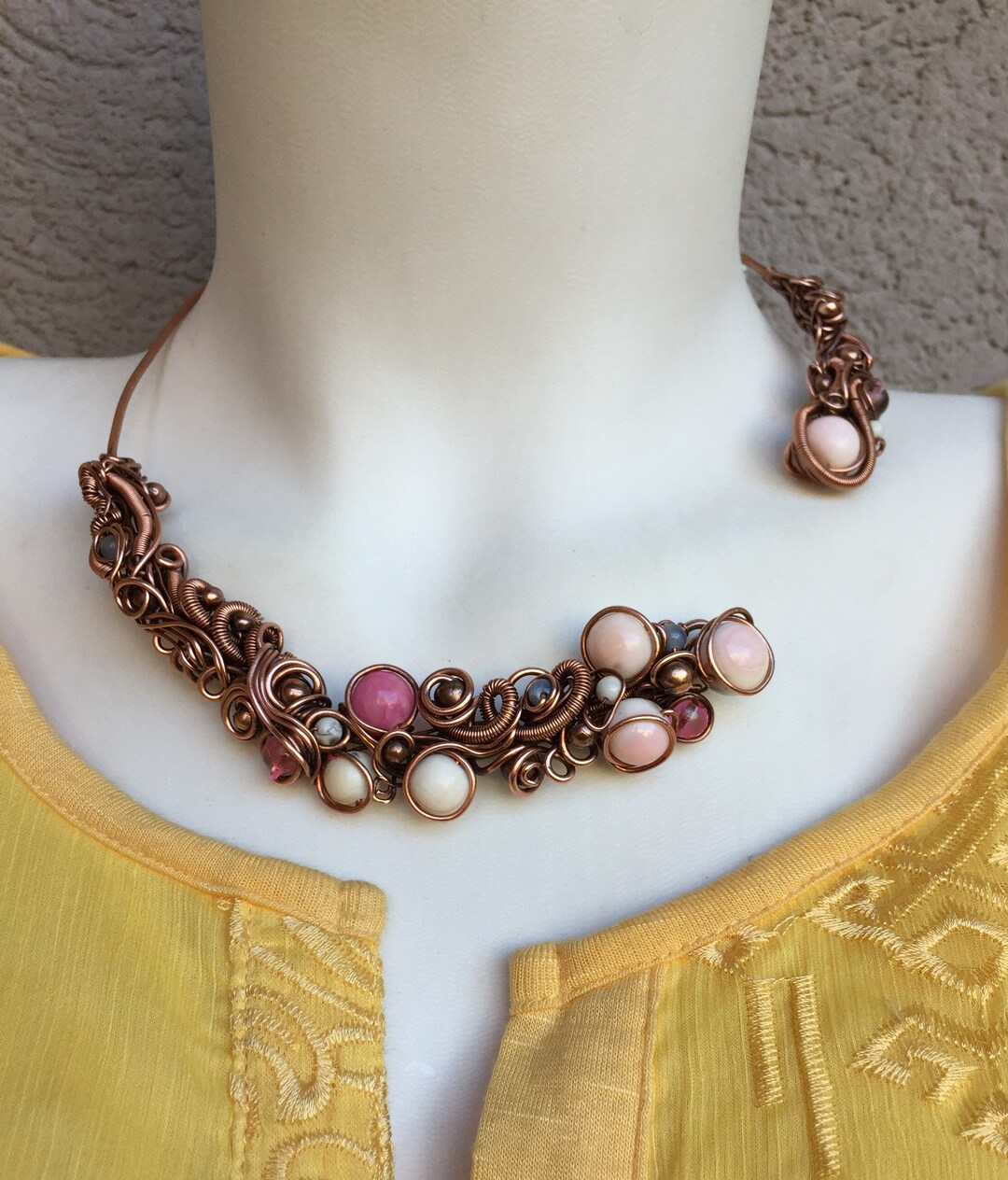 Handmade Necklace of Rose Agate Stone and Copper. Wire Wrapped Jewelry ...