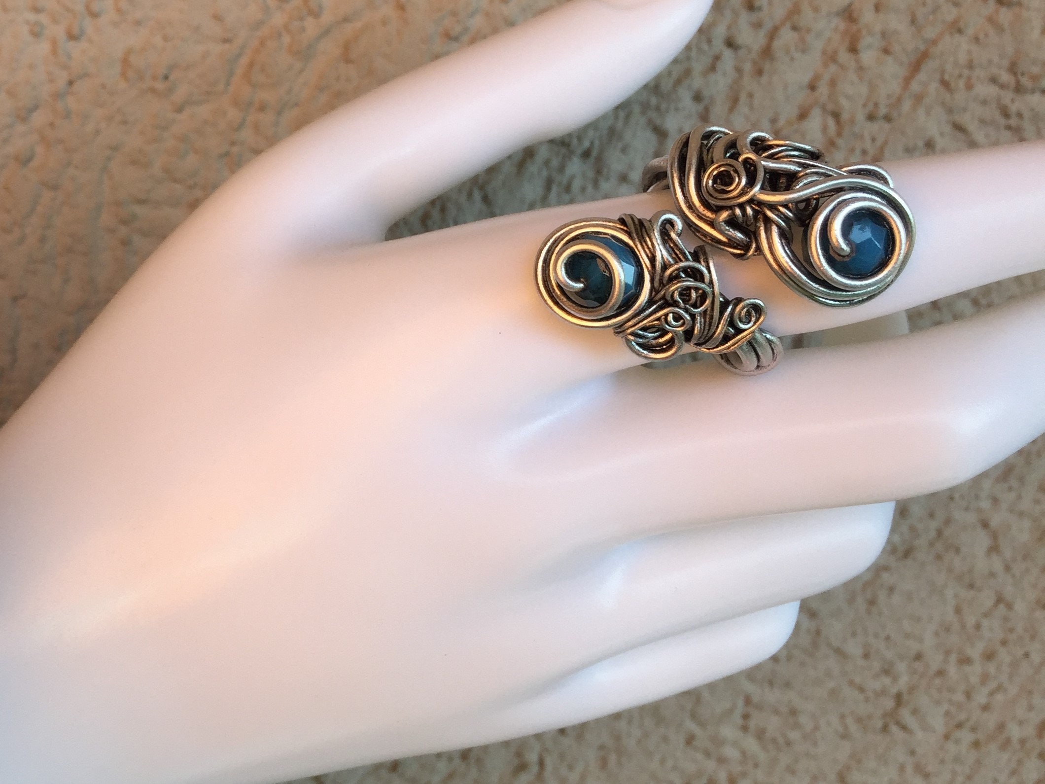 Blue Handmade Adjustable Ring. Silver Colour Wire. Blue Colour Crystal ...