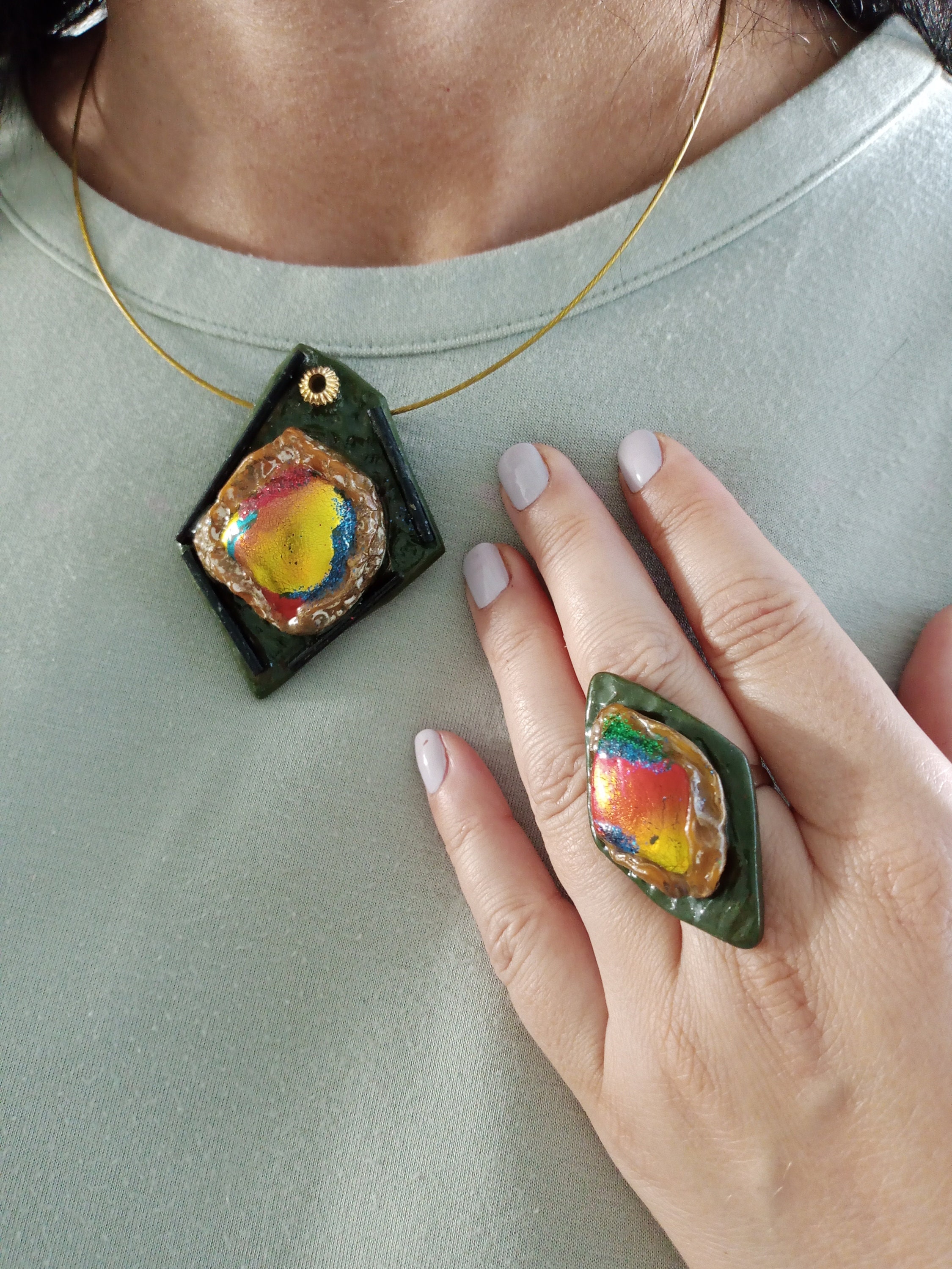 SET: Necklace and Ring of Polymer Clay. Handmade Jewelry. Contemporary ...
