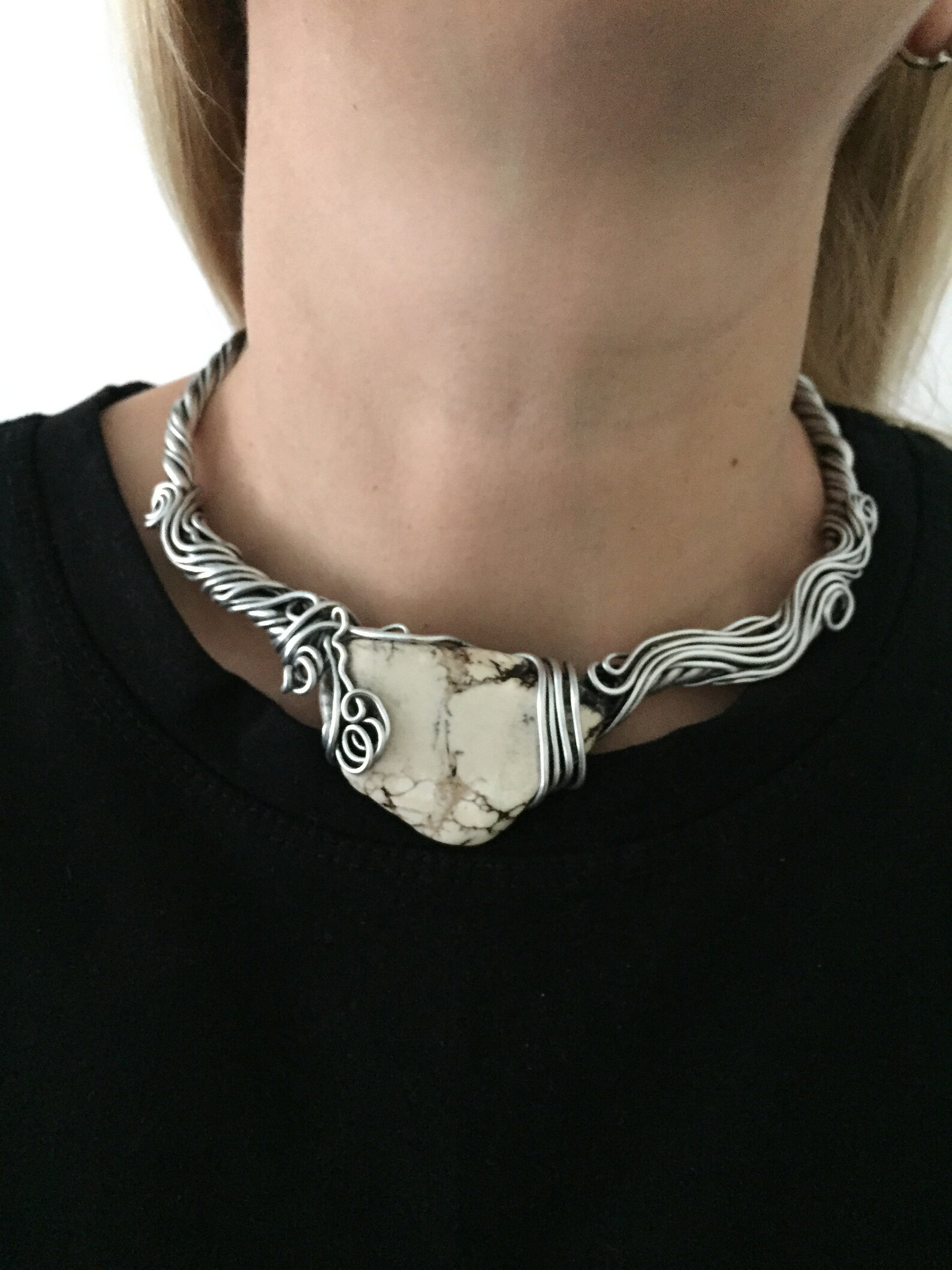White Howlite Statement Necklace. Open Silver Necklace. Stone is ...