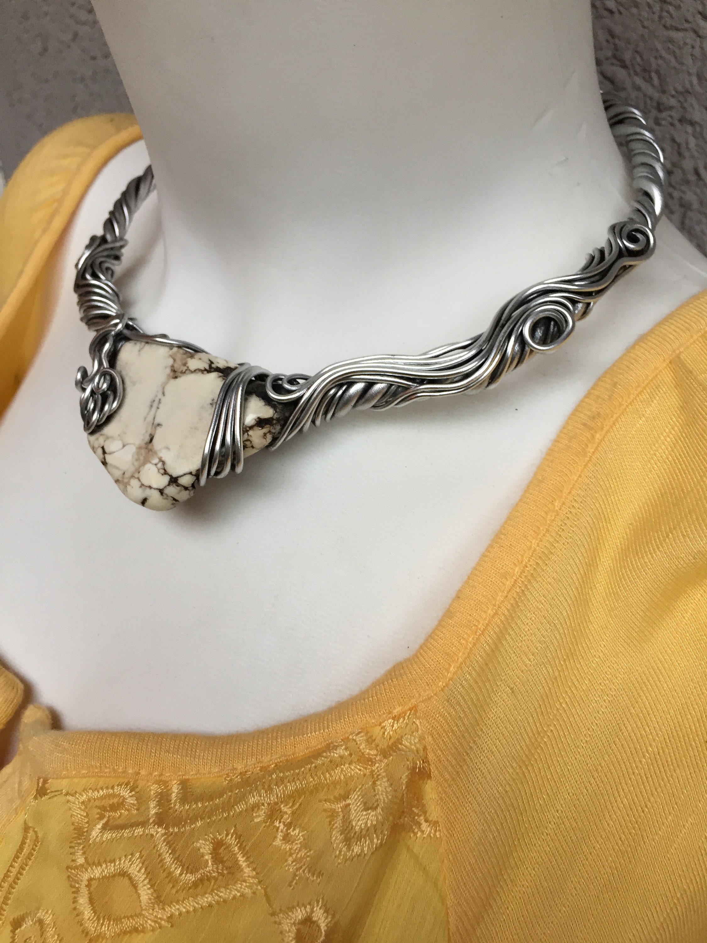 White Howlite Statement Necklace. Open Silver Necklace. Stone is ...