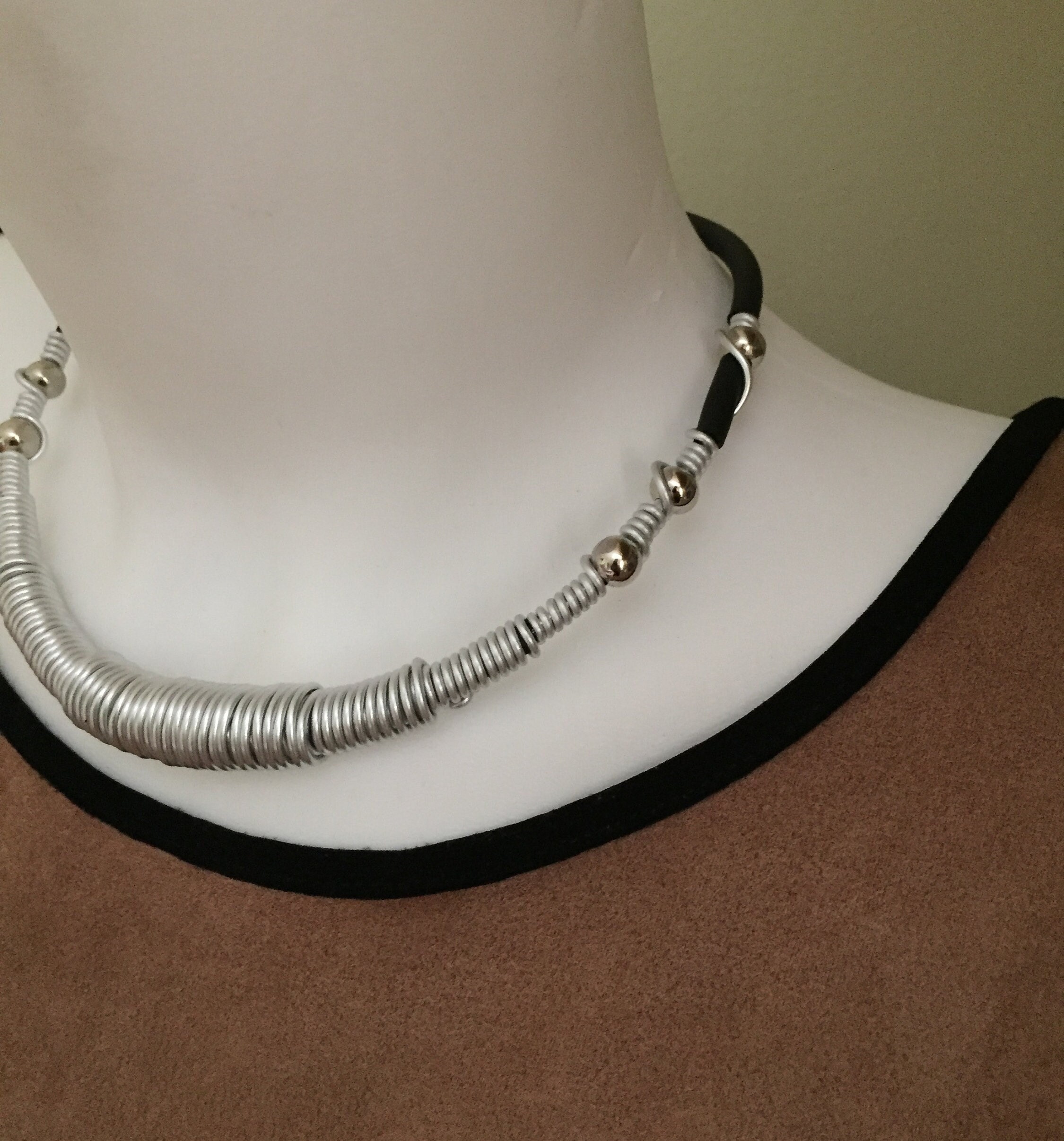 Statement Aluminium Necklace With Black Tube. Modern Necklace. Spiral ...