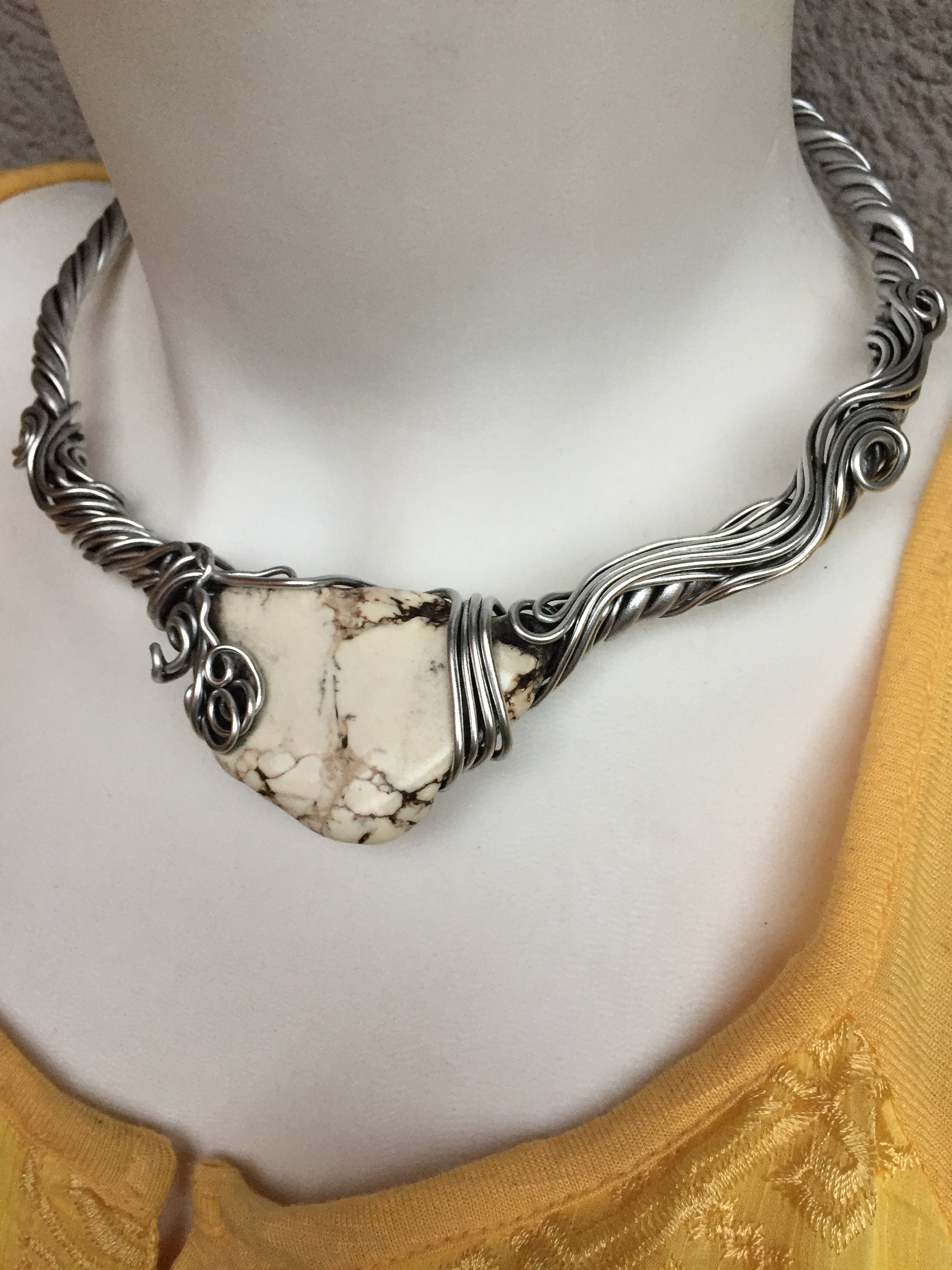 White Howlite Statement Necklace. Open Silver Necklace. Stone is ...
