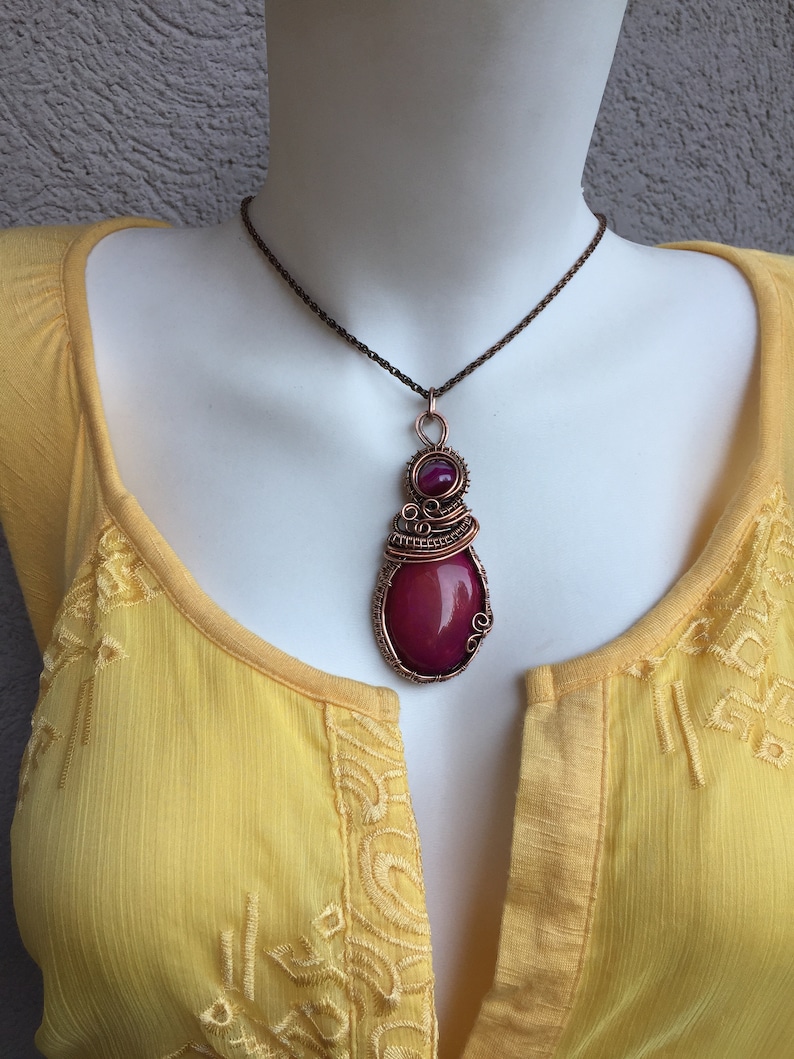 Handmade Copper Necklace. Hot Pink Agate Stone for Health and - Etsy