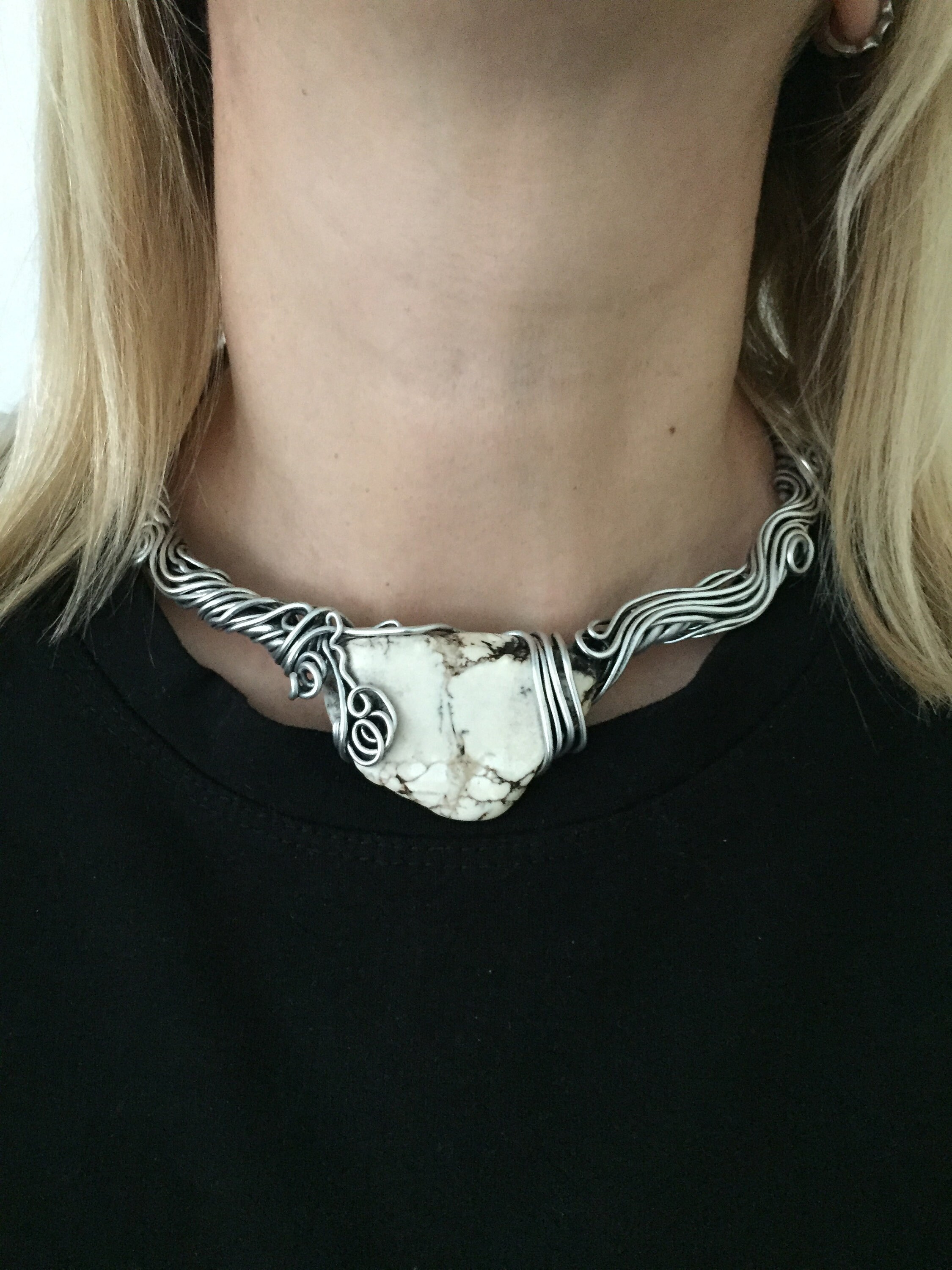 White Howlite Statement Necklace. Open Silver Necklace. Stone is ...