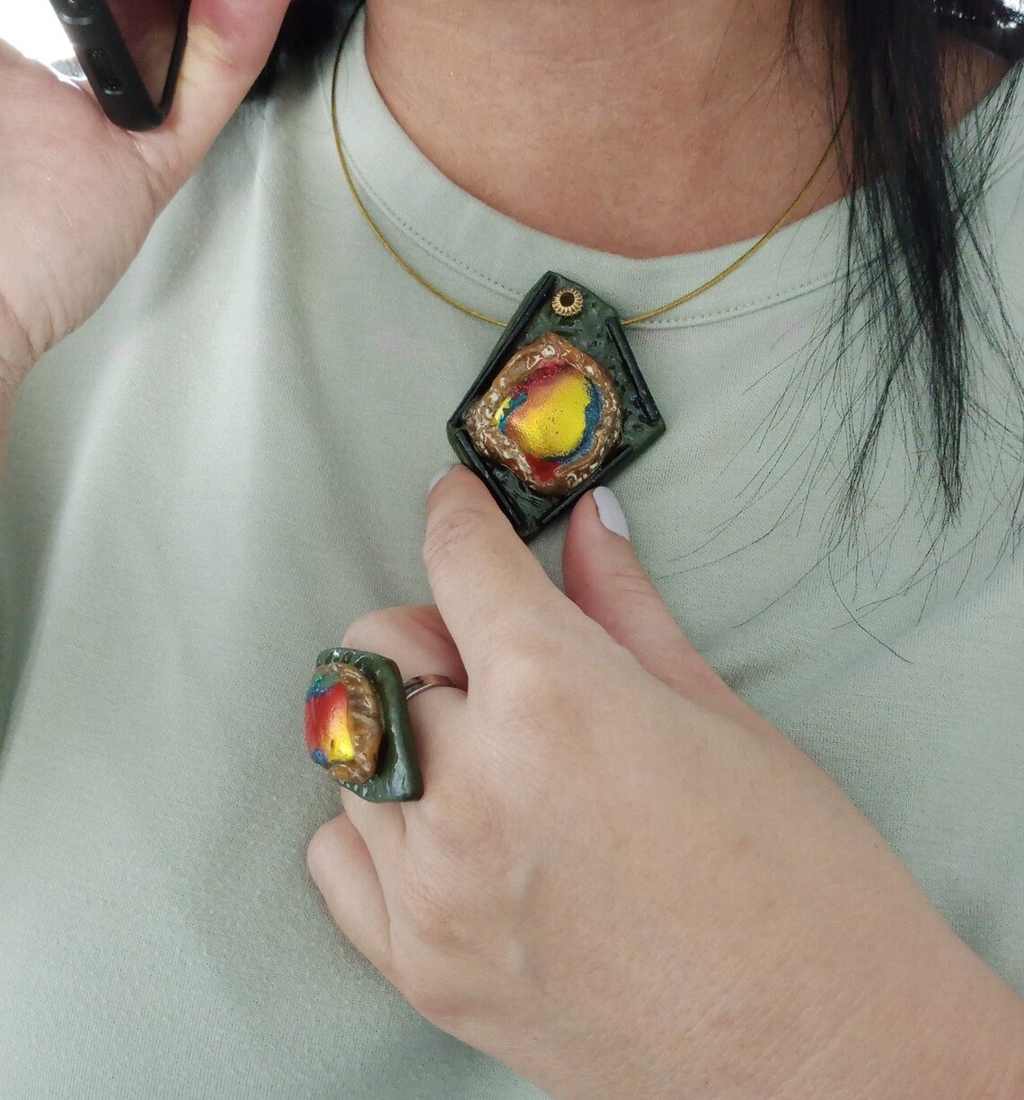 SET: Necklace and Ring of Polymer Clay. Handmade Jewelry. - Etsy