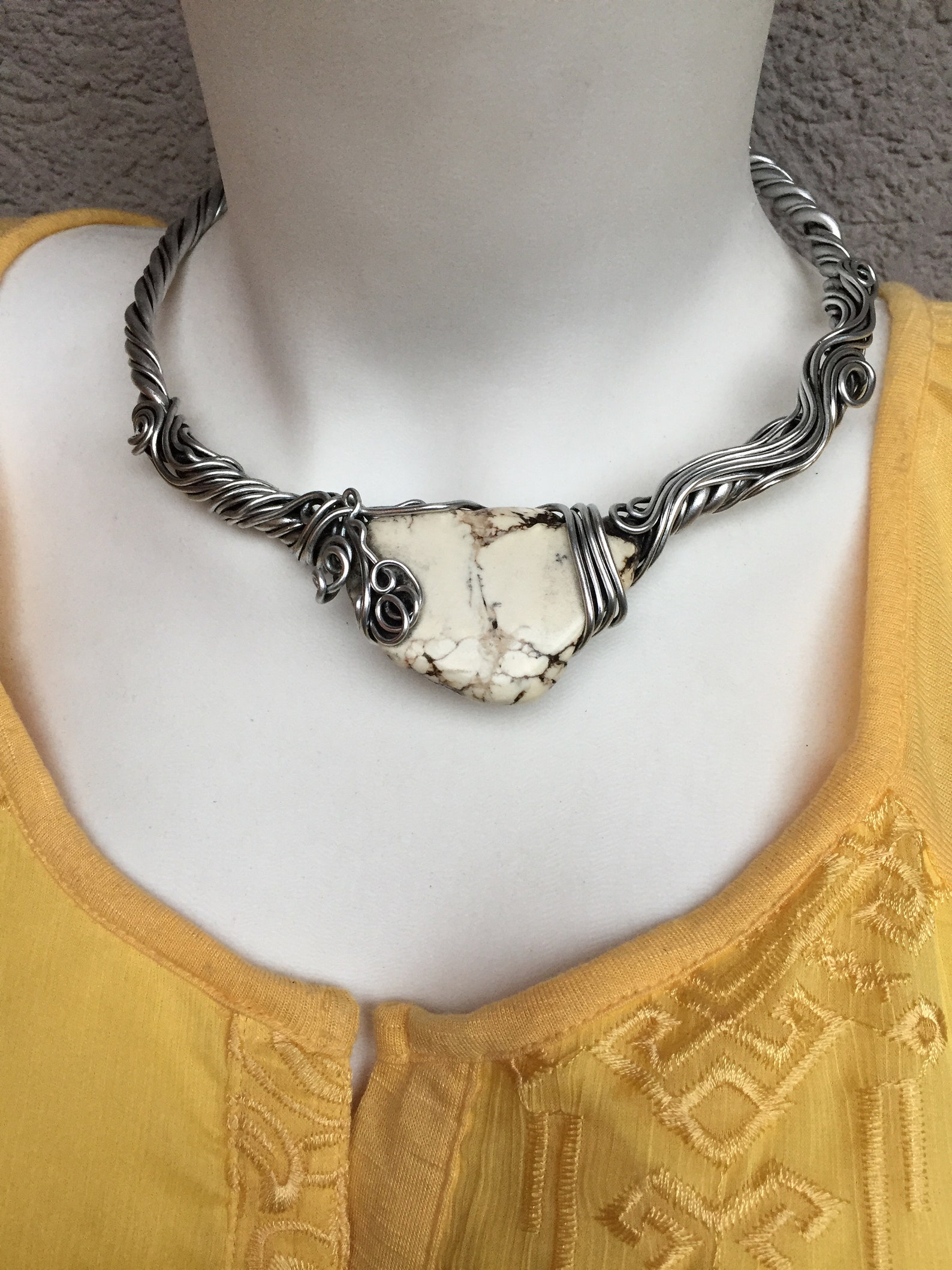 White Howlite Statement Necklace. Open Silver Necklace. Stone is ...