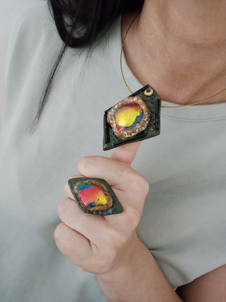 SET: Necklace and Ring of Polymer Clay. Handmade Jewelry. Contemporary ...