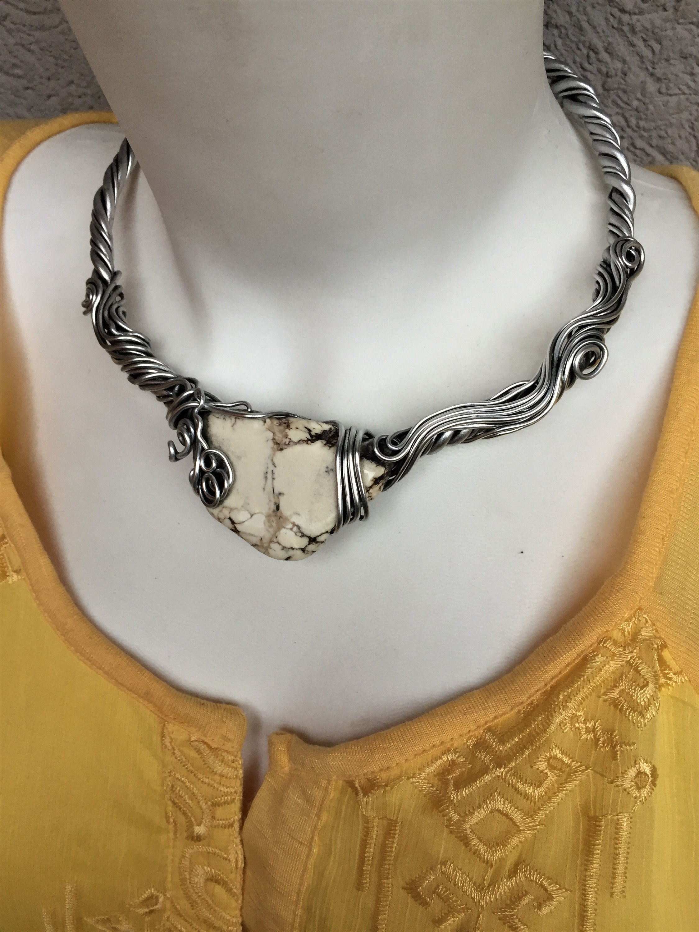 White Howlite Statement Necklace. Open Silver Necklace. Stone is ...