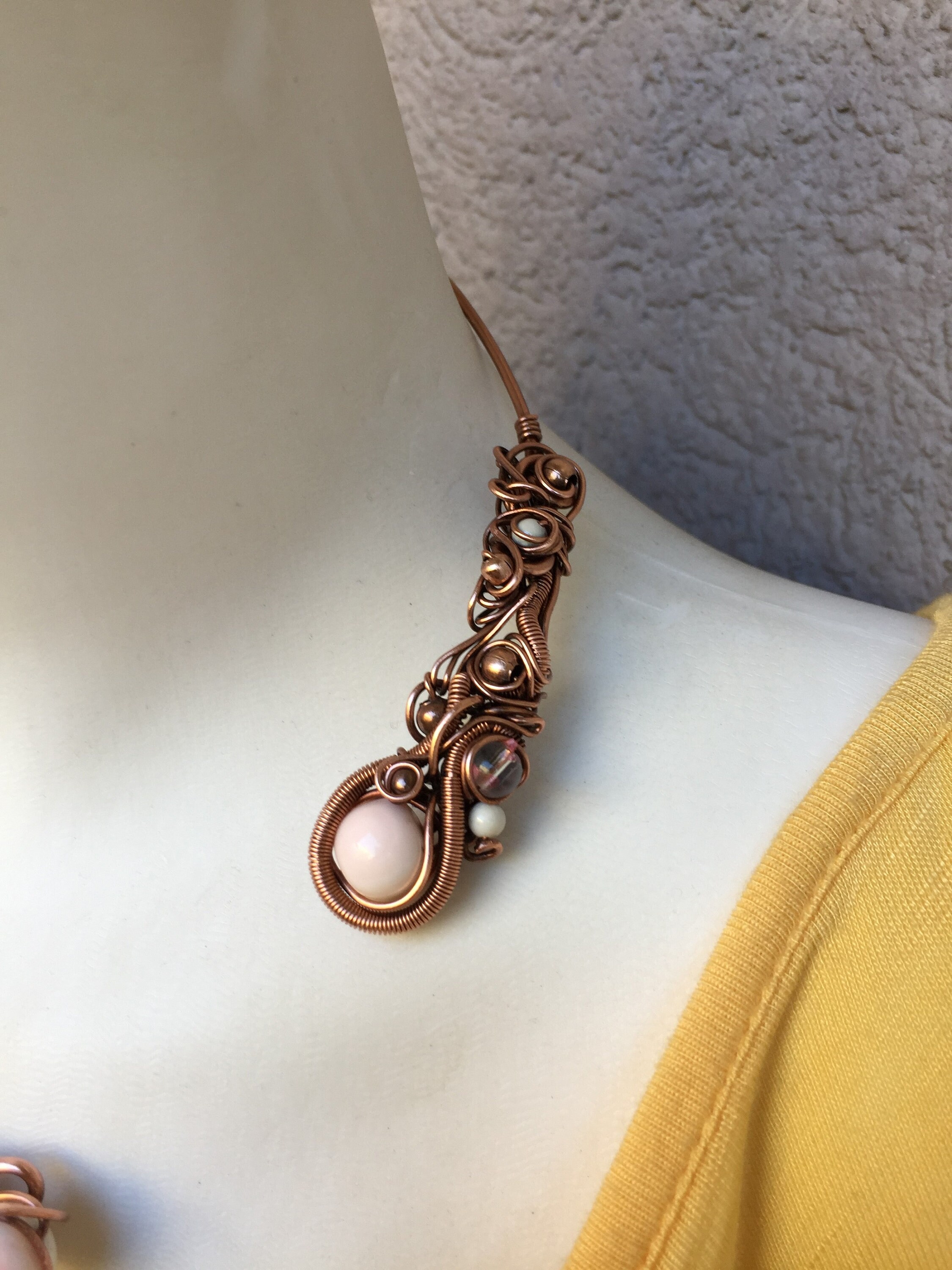 Handmade Necklace of Rose Agate Stone and Copper. Wire Wrapped Jewelry ...