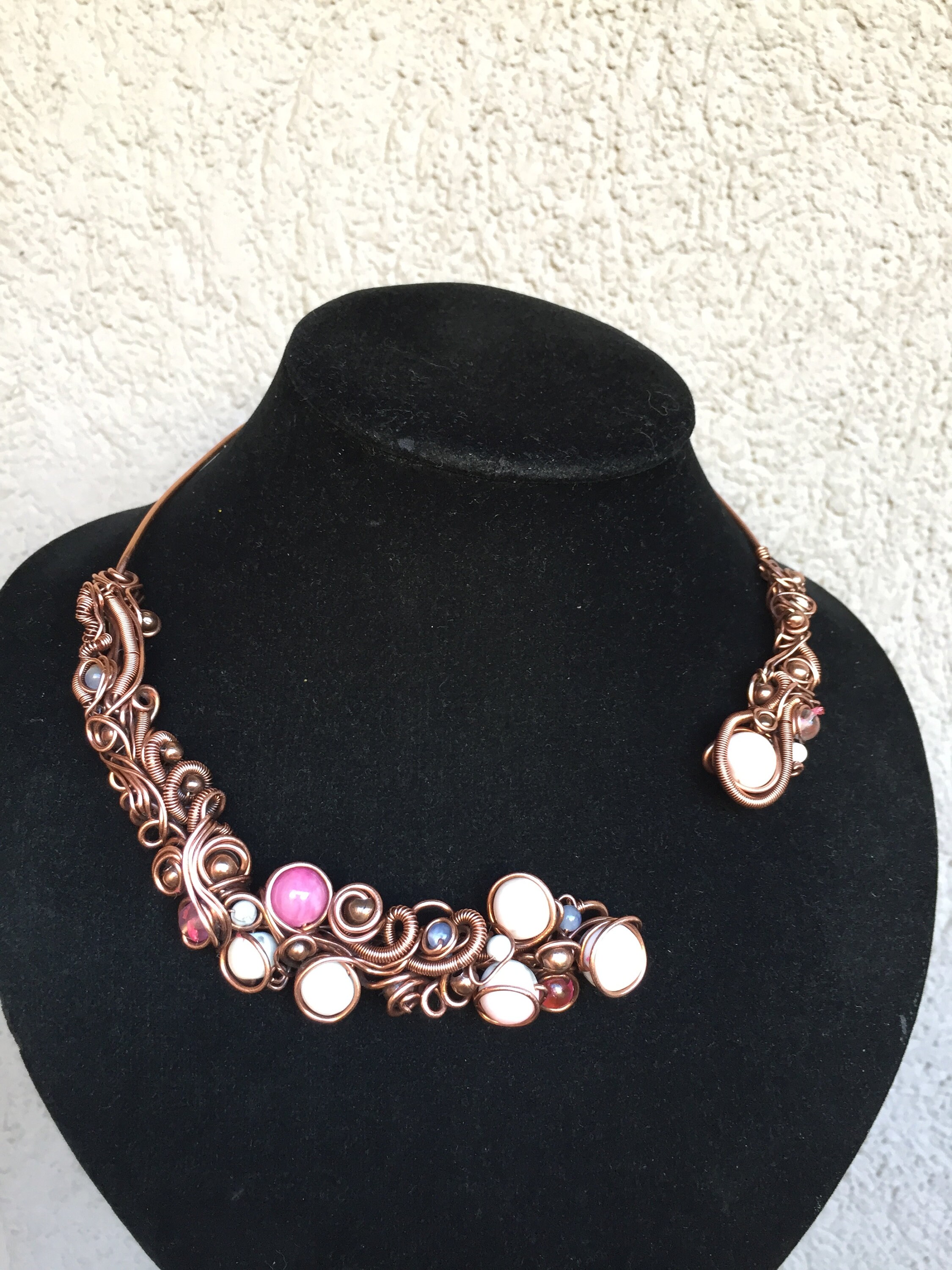 Handmade Necklace of Rose Agate Stone and Copper. Wire Wrapped Jewelry ...