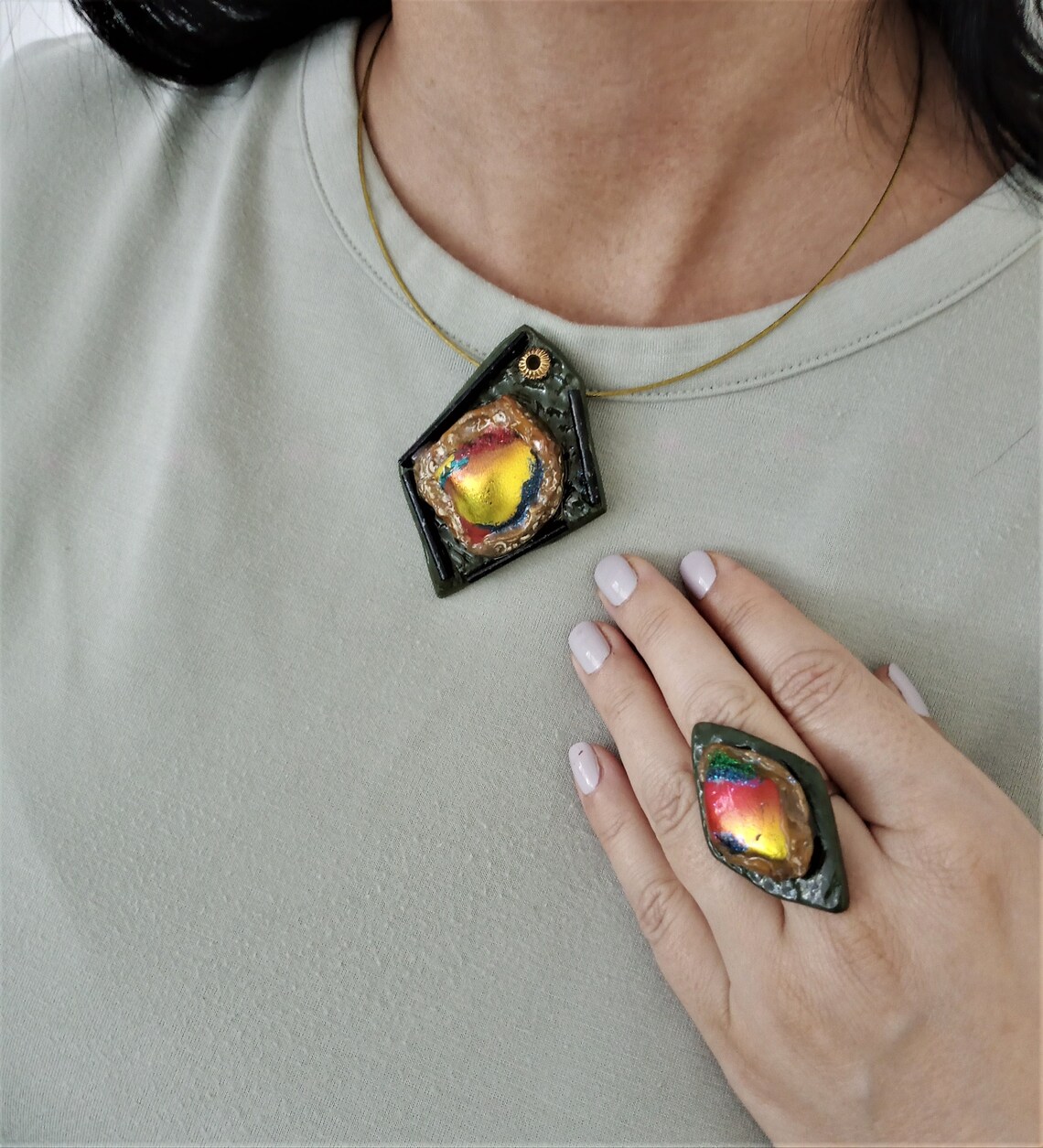 SET: Necklace and Ring of Polymer Clay. Handmade Jewelry. Contemporary ...