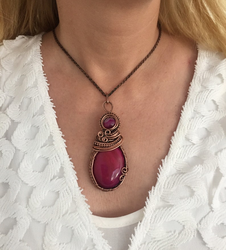 Handmade Copper Necklace. Hot Pink Agate Stone for Health and - Etsy
