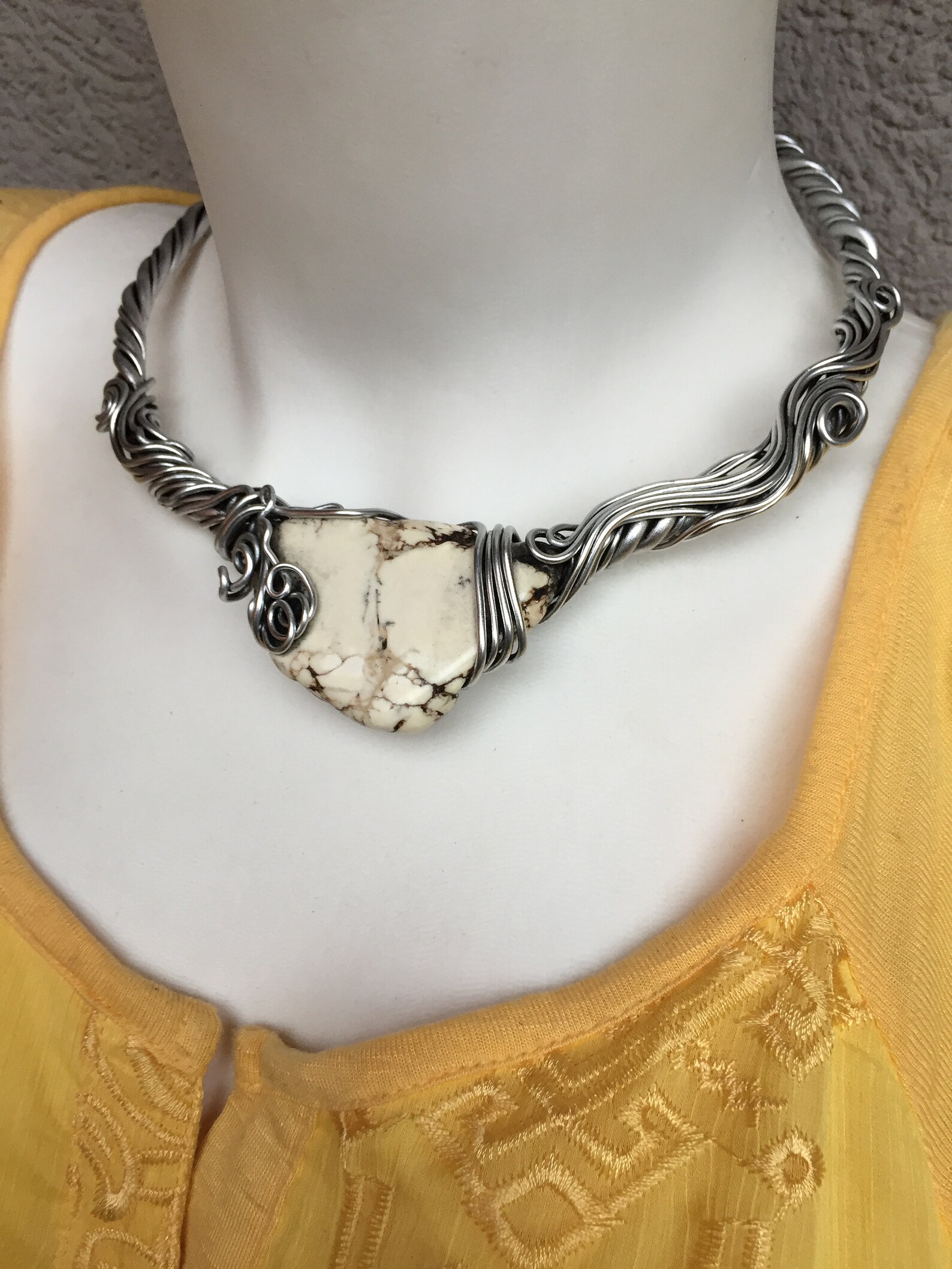 White Howlite Statement Necklace. Open Silver Necklace. Stone is ...