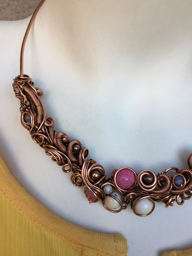 Handmade Necklace of Rose Agate Stone and Copper. Wire Wrapped Jewelry ...