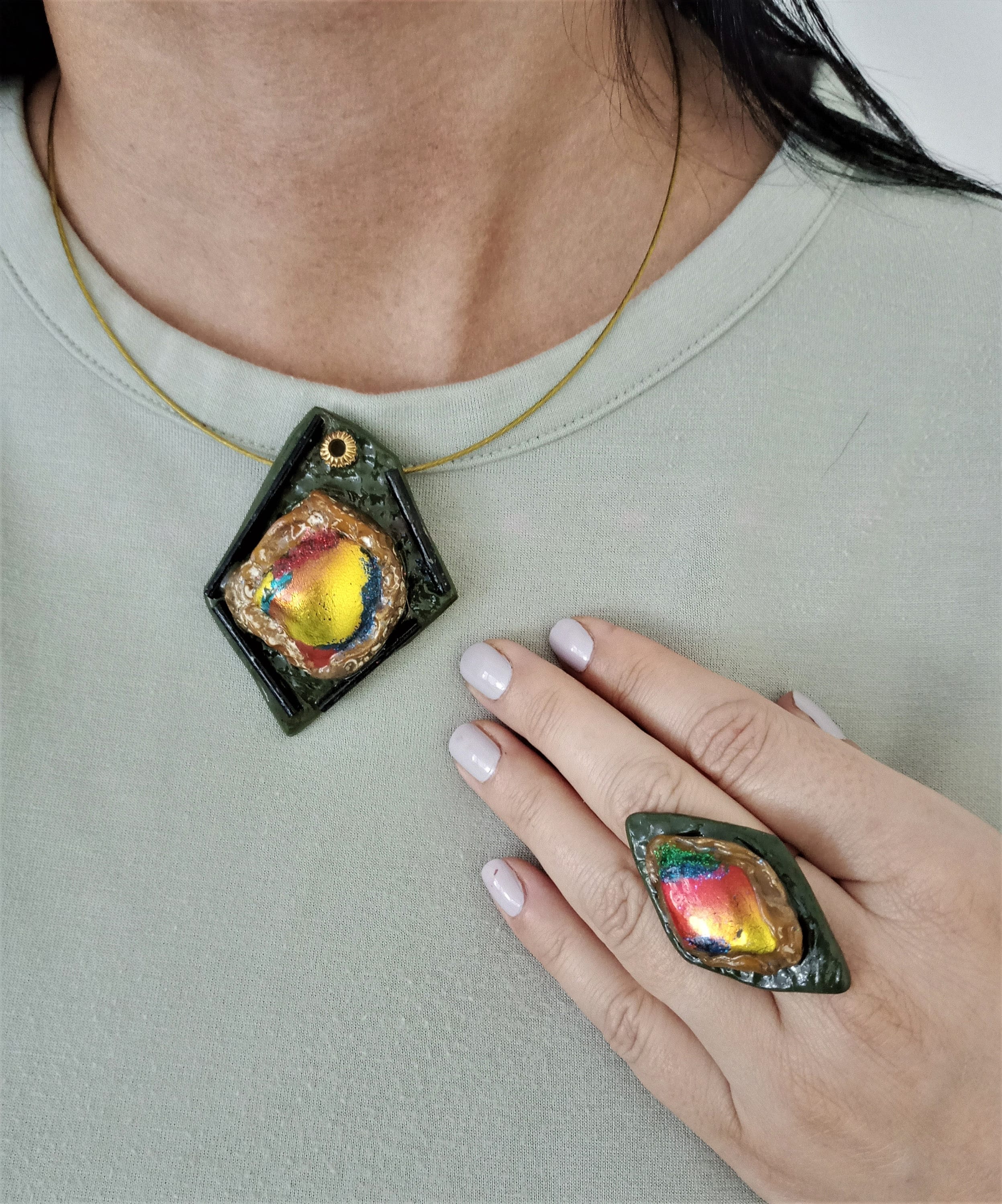 SET: Necklace and Ring of Polymer Clay. Handmade Jewelry. Contemporary ...