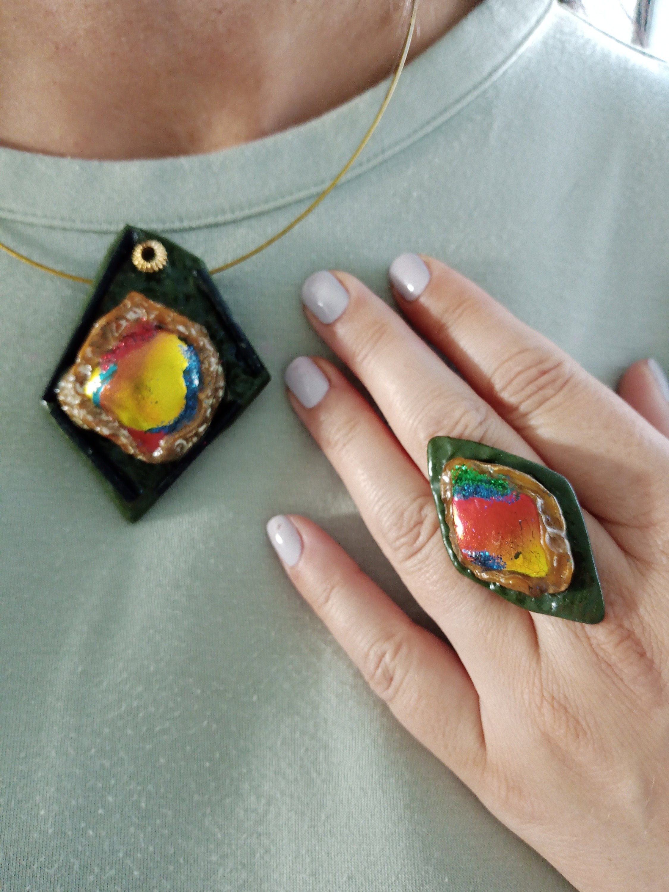 SET: Necklace and Ring of Polymer Clay. Handmade Jewelry. Contemporary ...