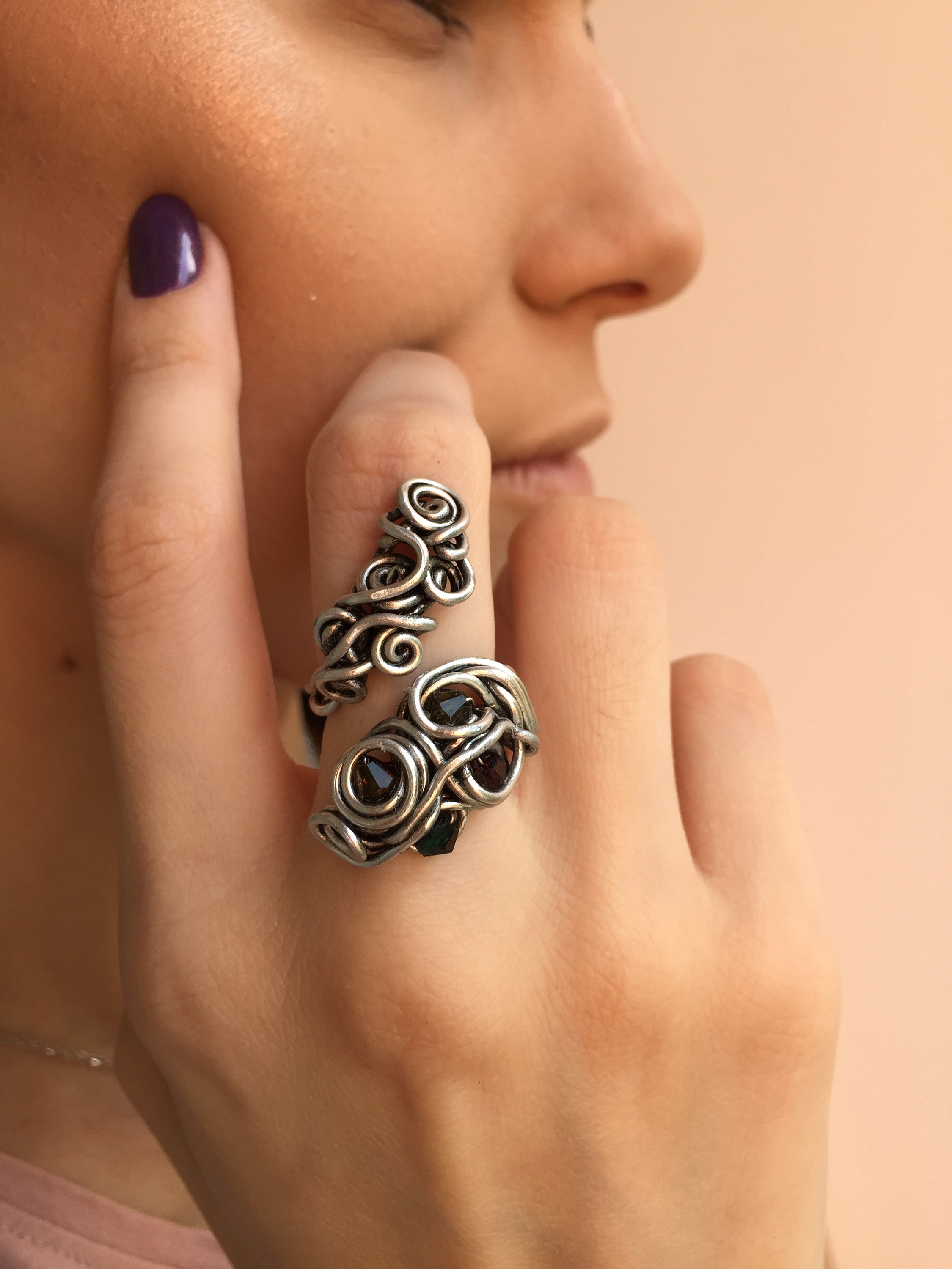 Handmade Adjustable Ring. Silver Colour Wire. Swarovski Crystal ...