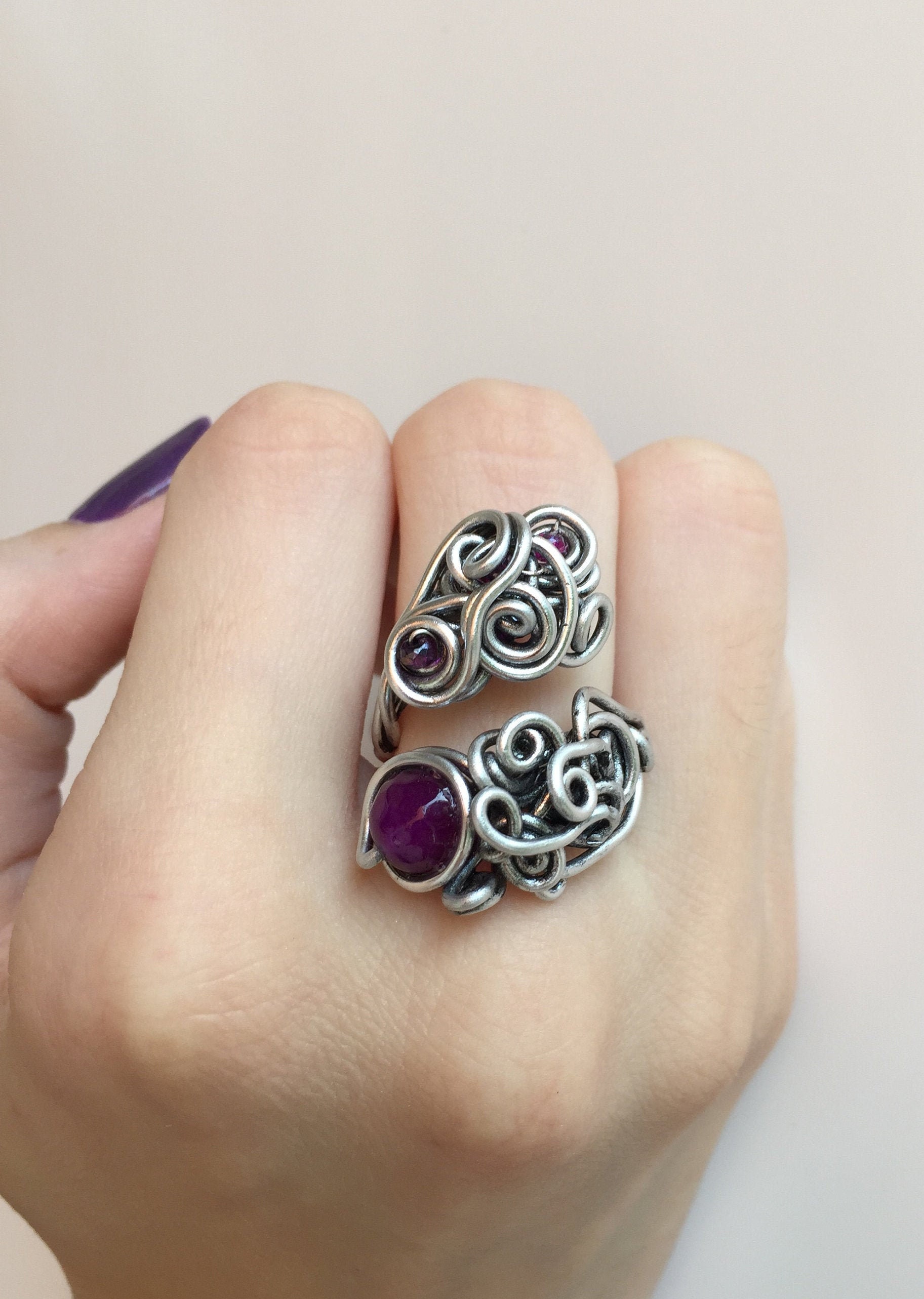 Magenta Colour-lilac Handmade Ring. Silver Colour Wire. Swarovski ...