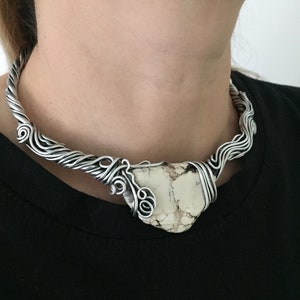 White Howlite Statement Necklace. Open Silver Necklace. Stone is ...