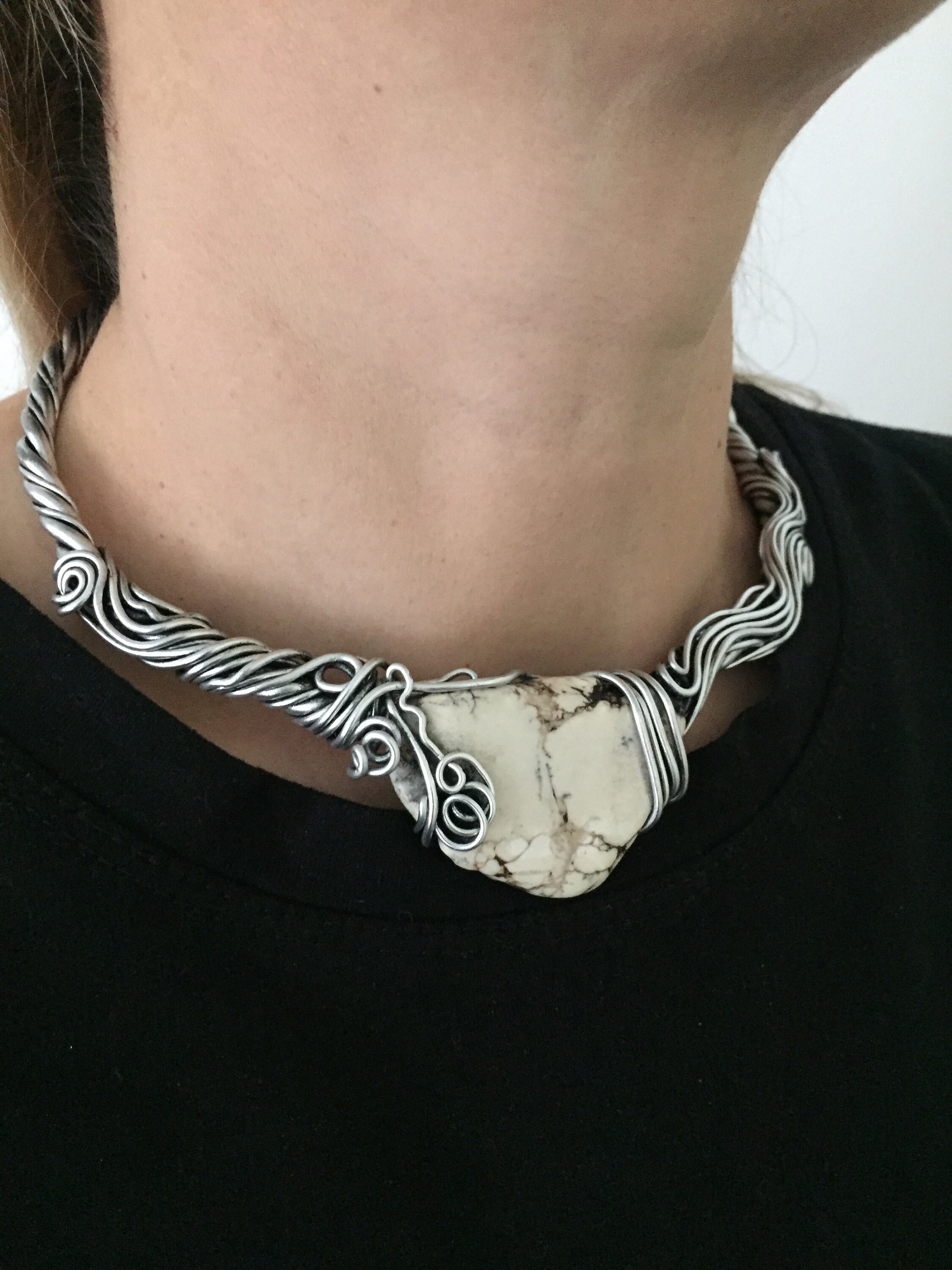 White Howlite Statement Necklace. Open Silver Necklace. Stone is ...