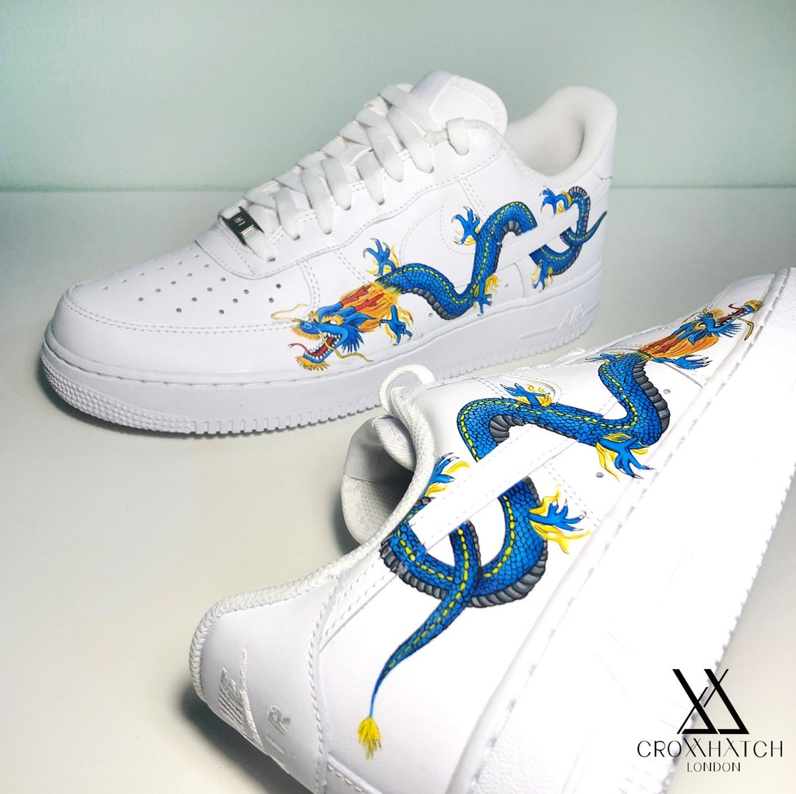 Blue Dragon Wrapped Around Nike Air Force 1 Swoosh Custom Sneakers - Etsy