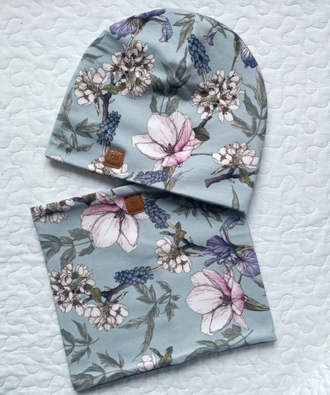 Hat & Tube With Magnolia Flowers, Hat for Womans, Knit Tube Scarf and ...