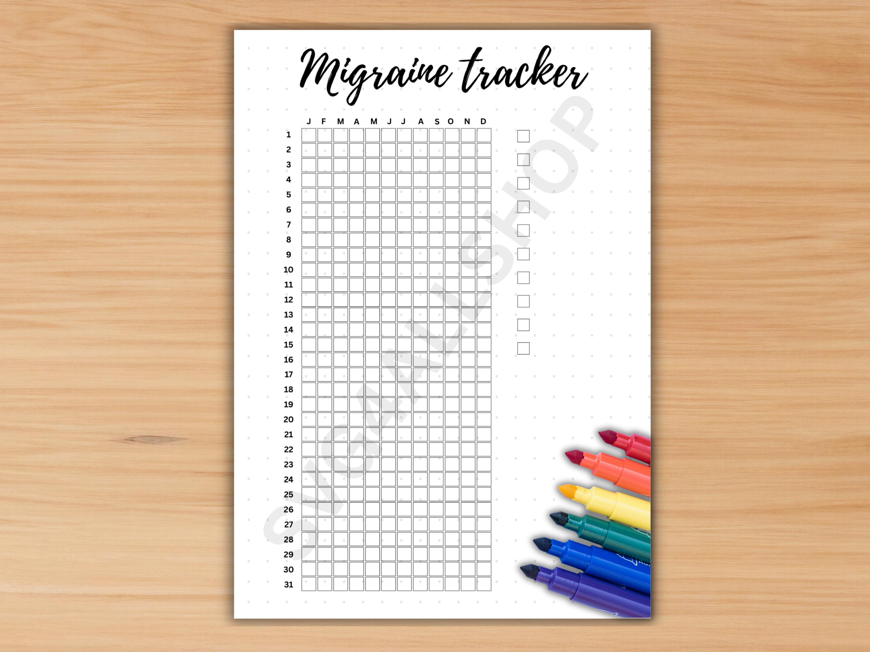 Migraine Tracker Printable Sheet - Year in Pixel - Migraine Log ...