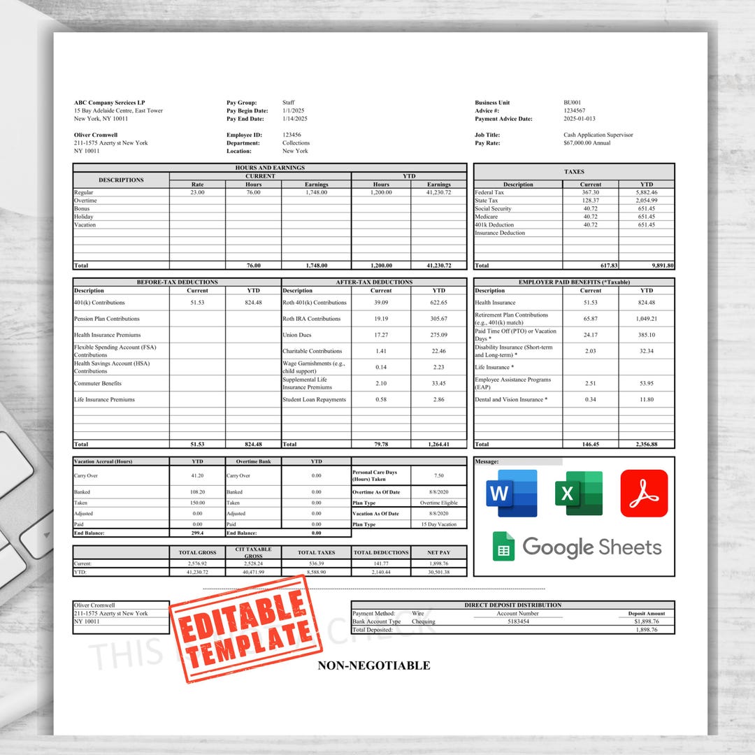 Pay Stub Template, Paystub Template for Business, Contractor and ...