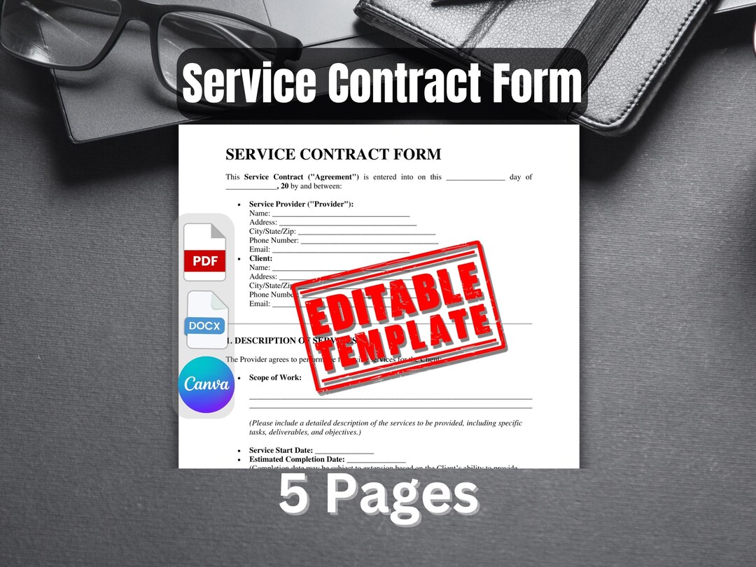 Service Contract Form Template Word Doc PDF CANVA | Printable Freelance ...