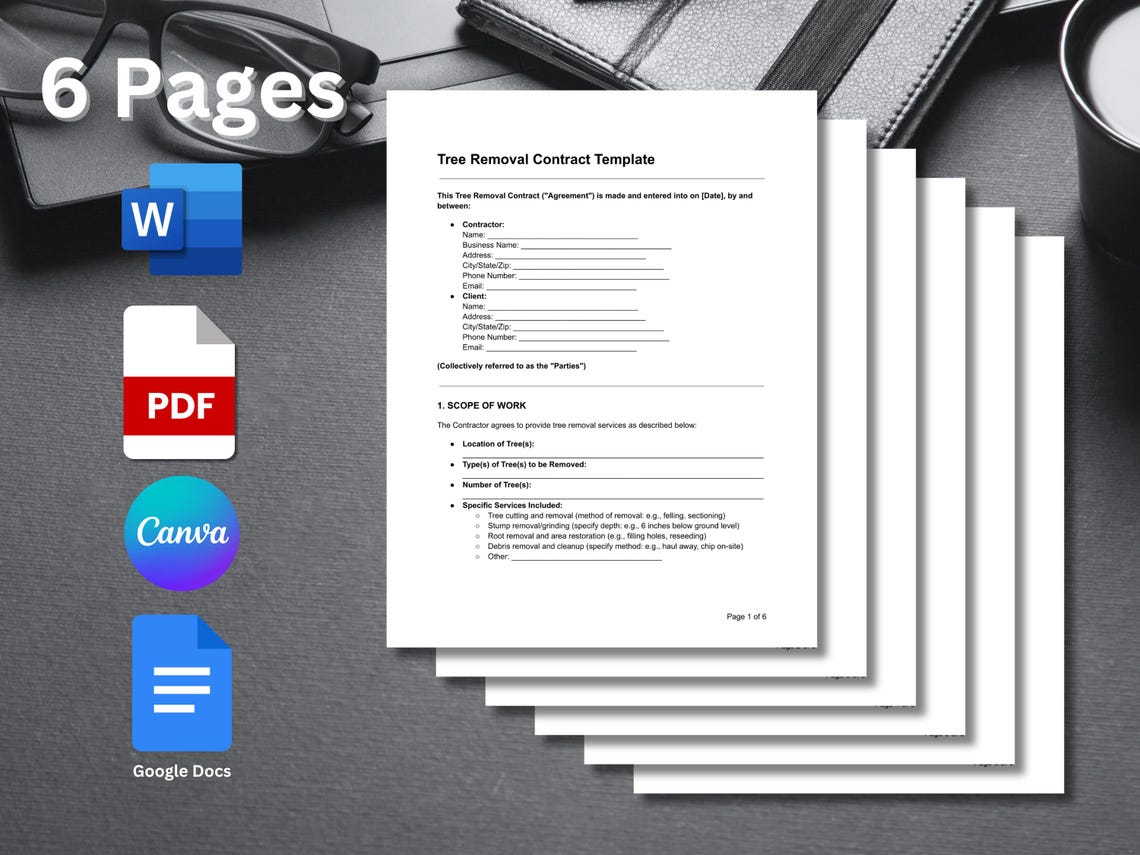 Tree Removal Contract Template Word Doc PDF CANVA | Printable Arborist ...