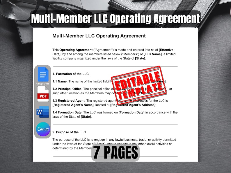 Multi-member LLC Operating Agreement Template | Editable LLC Operating ...