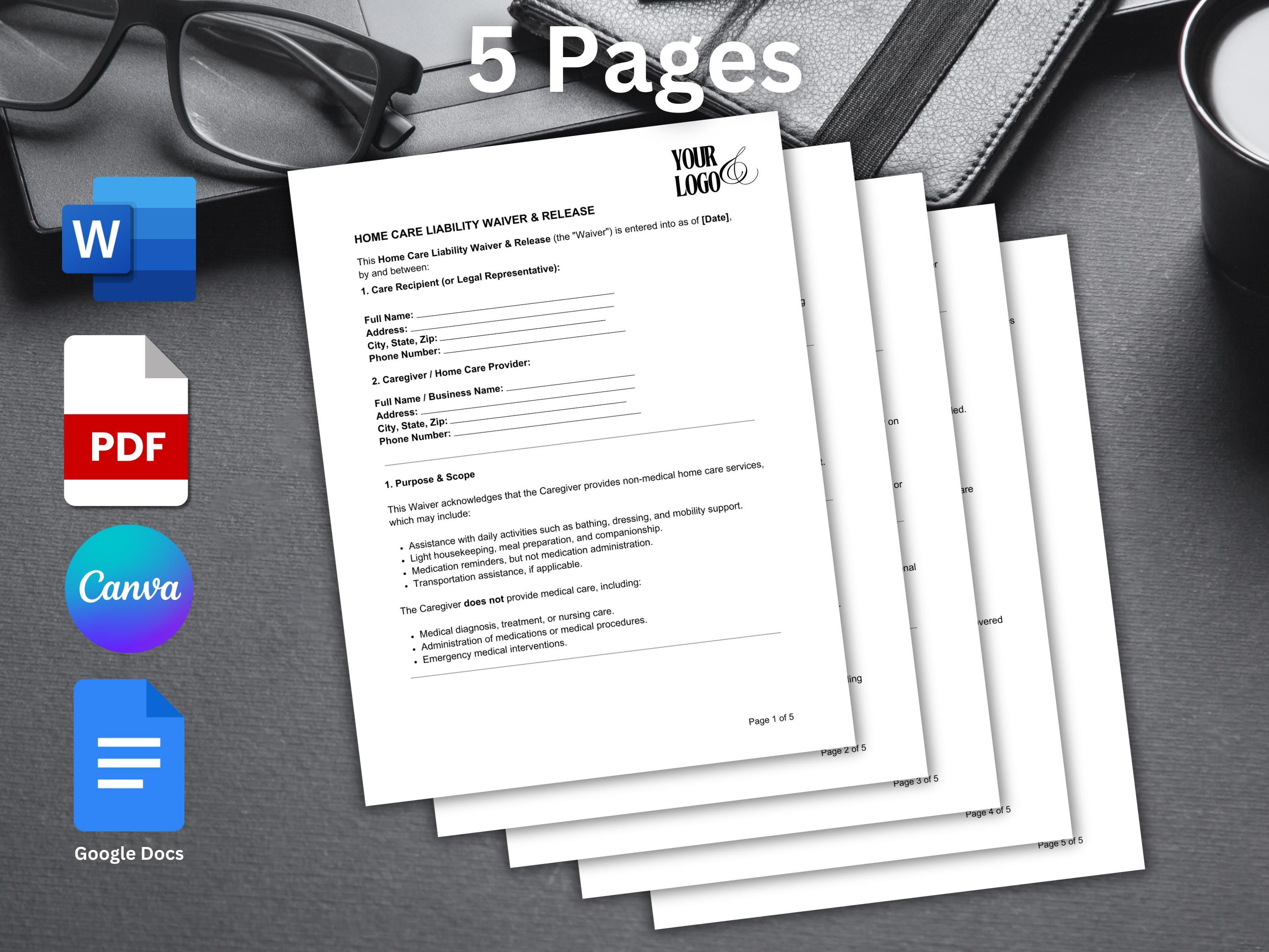 Home Care Liability Waiver Template | Adult Caregiver Release of ...