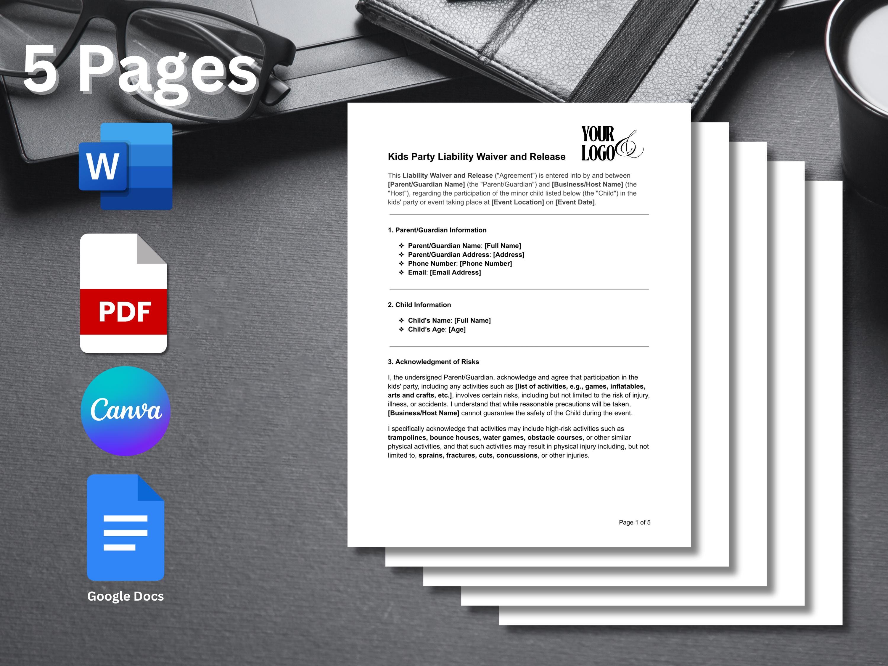 Kids Party Liability Waiver Template | Customizable Children Event ...