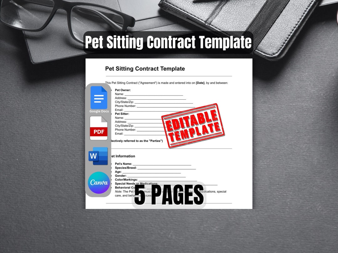 Pet Sitting Contract Template CANVA Word PDF Google Docs | Editable Pet ...