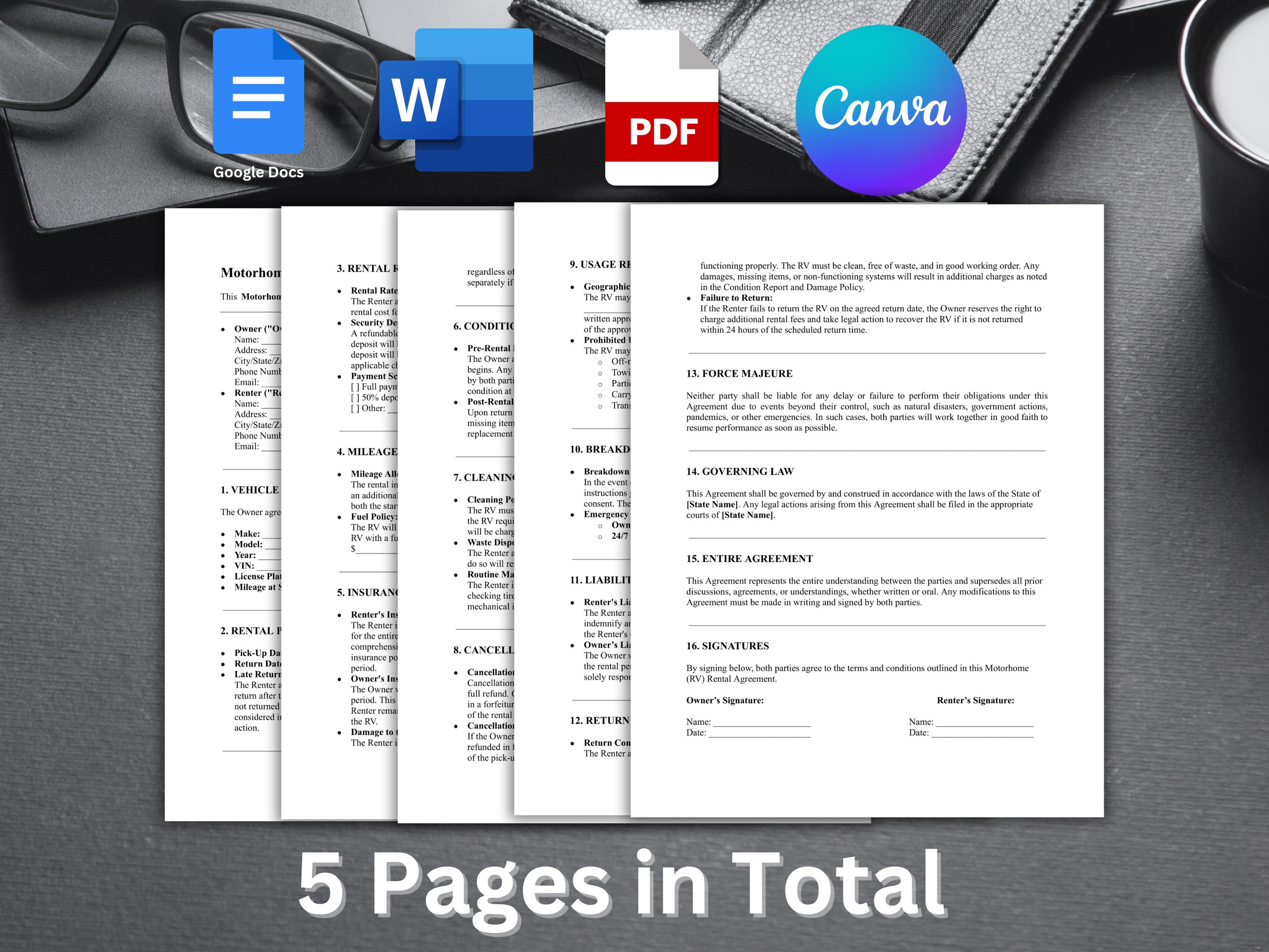 Motorhome RV Rental Agreement Template Word Doc PDF CANVA Printable Rv ...