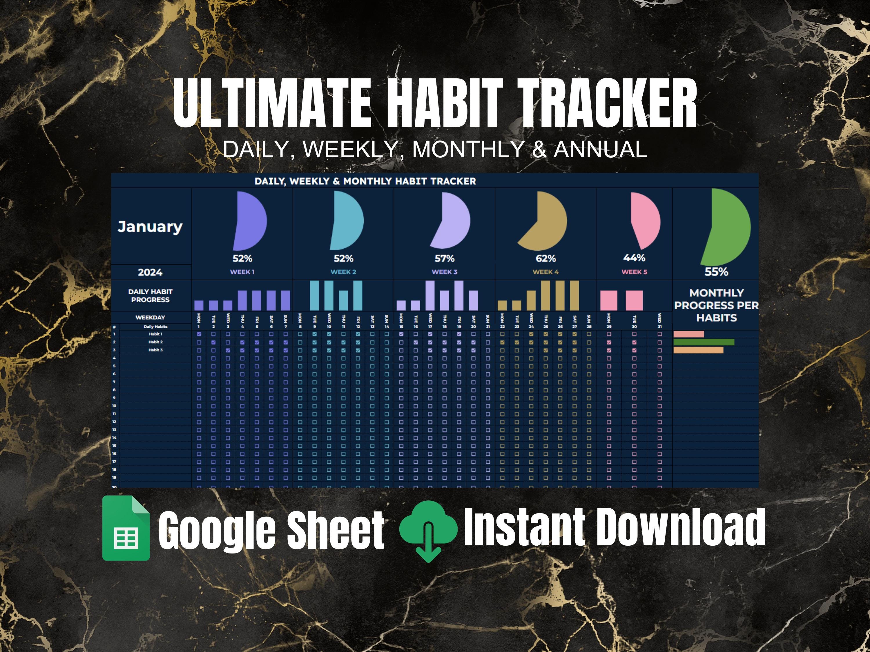 Google Sheets Habit Tracker Template | Dark Mode Daily, Weekly, Monthly ...