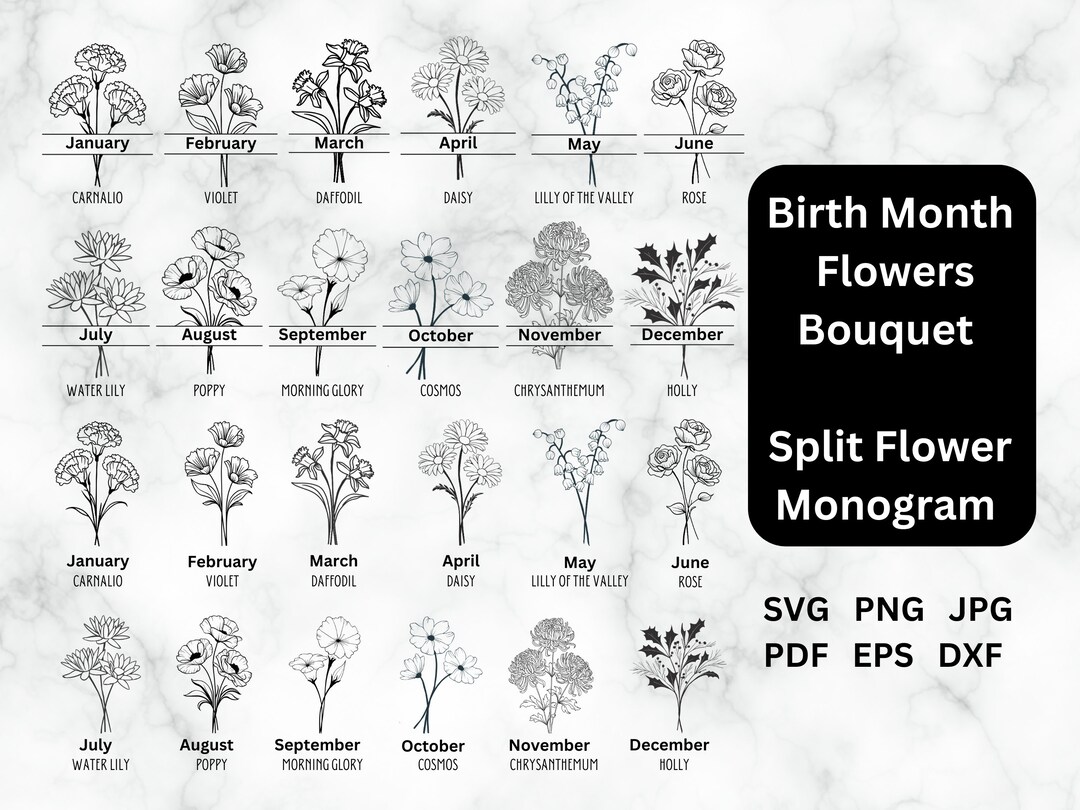 Birth Month Split Flower Monogram SVG, Birth Month Flower Svg Laser ...
