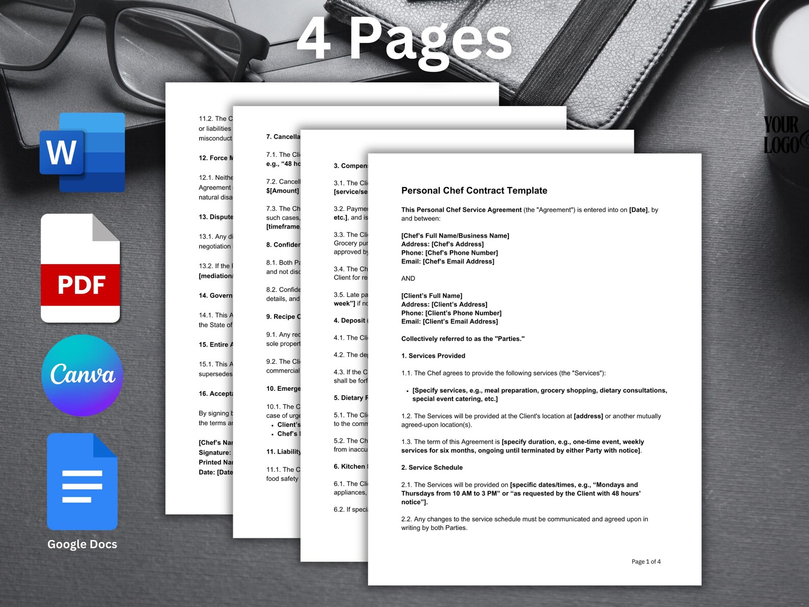 Personal Chef Contract Template | Editable Chef-client Catering Service Agreement | Customizable ...