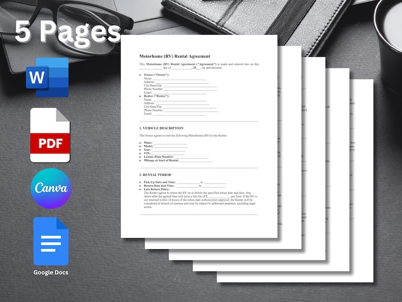 Motorhome RV Rental Agreement Template Word Doc PDF CANVA Printable Rv ...
