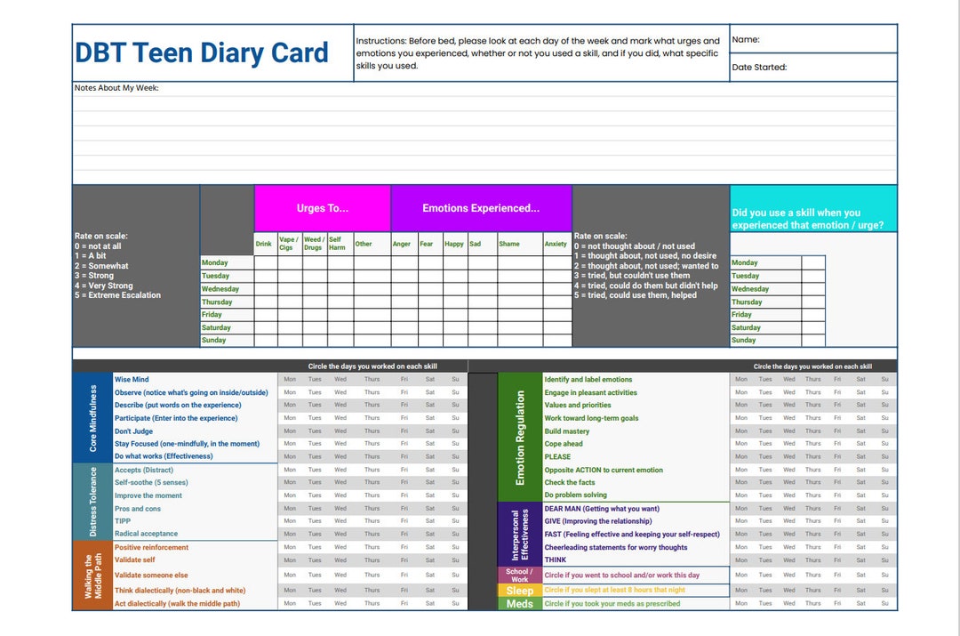 DBT Diary Card and Skills Tracker SUD, Adolescent, Teen, Adult ...