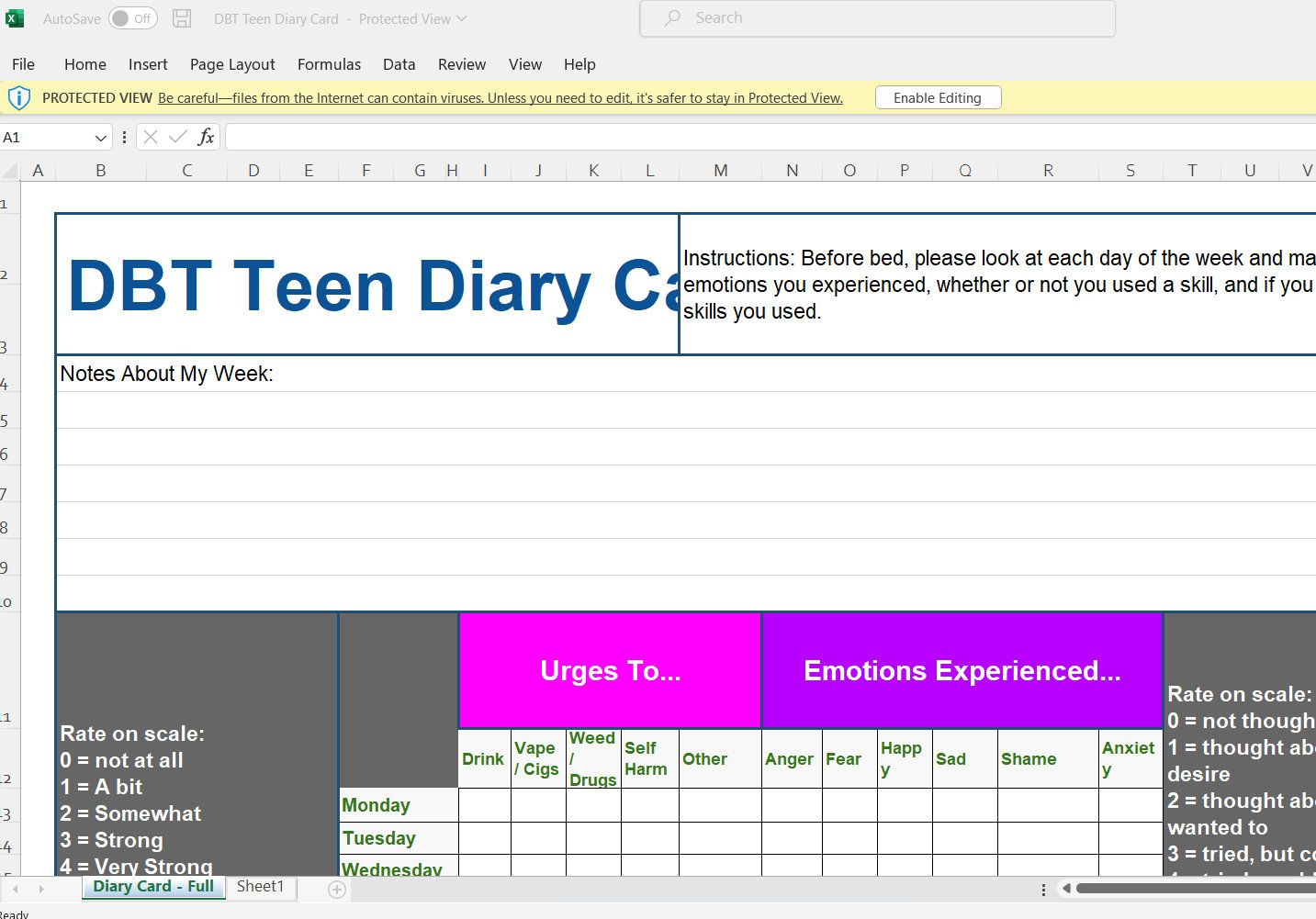 DBT Diary Card and Skills Tracker - SUD, Adolescent, Teen, Adult ...