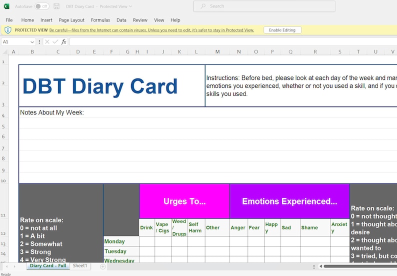 DBT Diary Card and Skills Tracker SUD, Adolescent, Teen, Adult ...