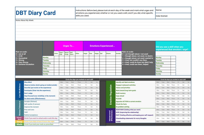 DBT Diary Card and Skills Tracker - SUD, Adolescent, Teen, Adult ...