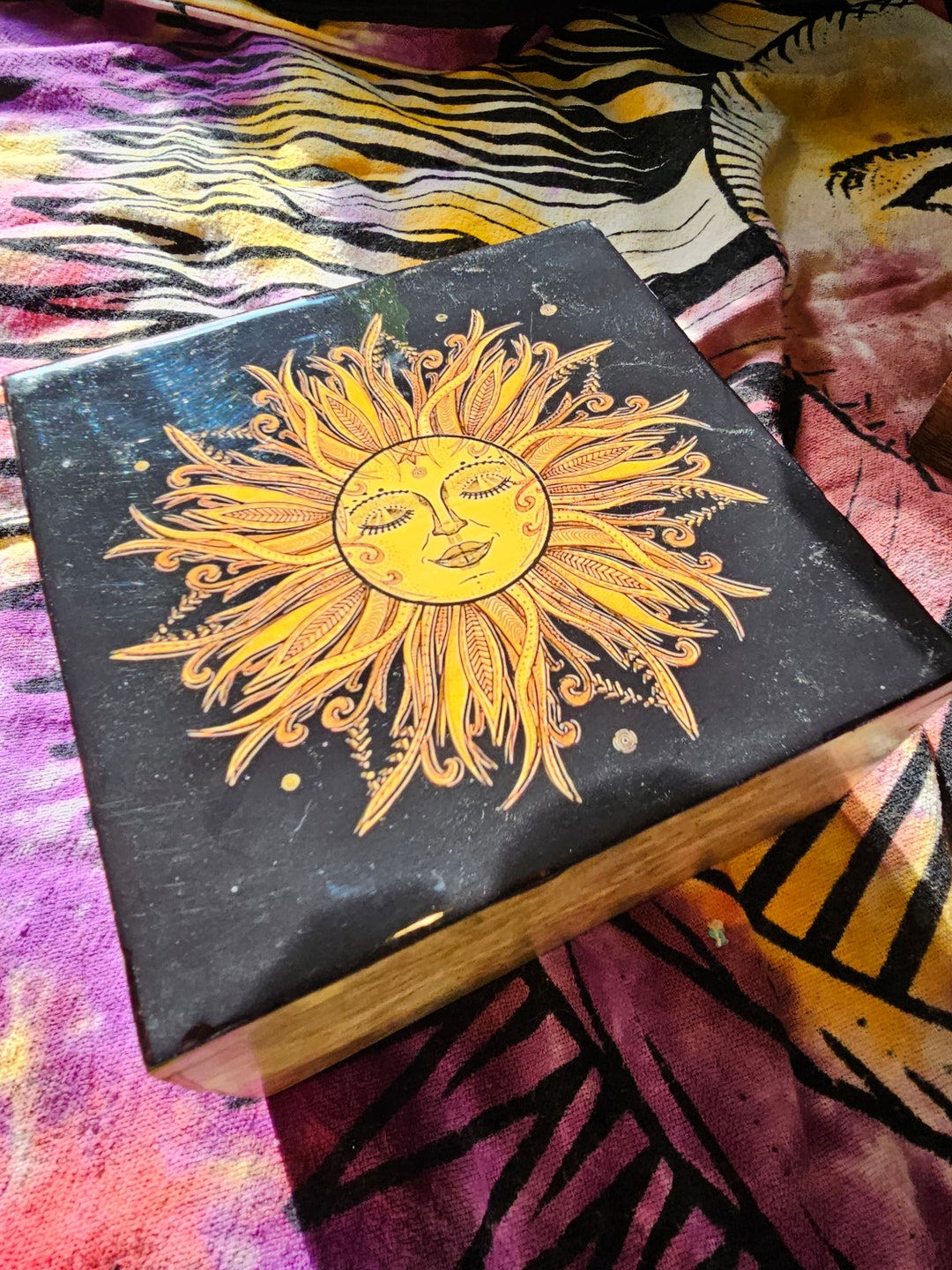 Celestial Sun Wood Box, Hippie Wooden Box, Square Colorful Keepsake Box ...