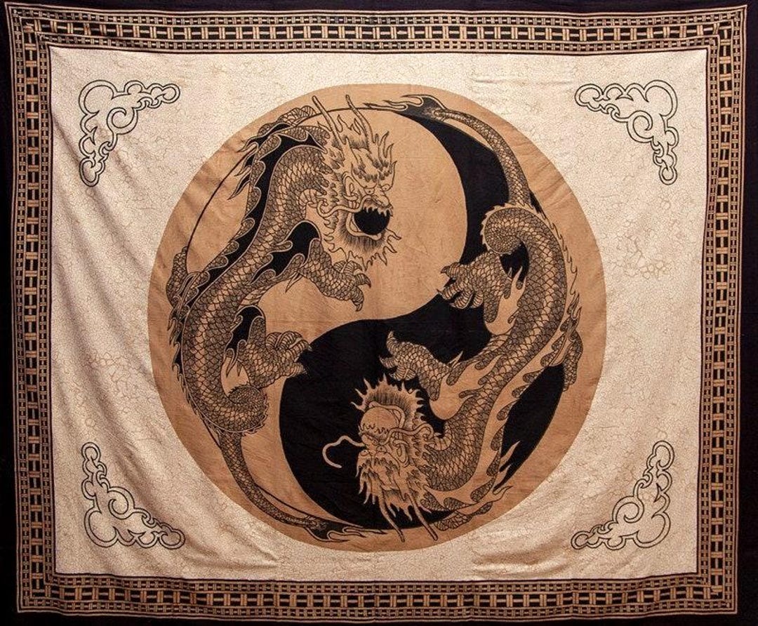 Yin Yang Dragon Gold Tapestry, Full Twin Bed Spread, Renaissance ...
